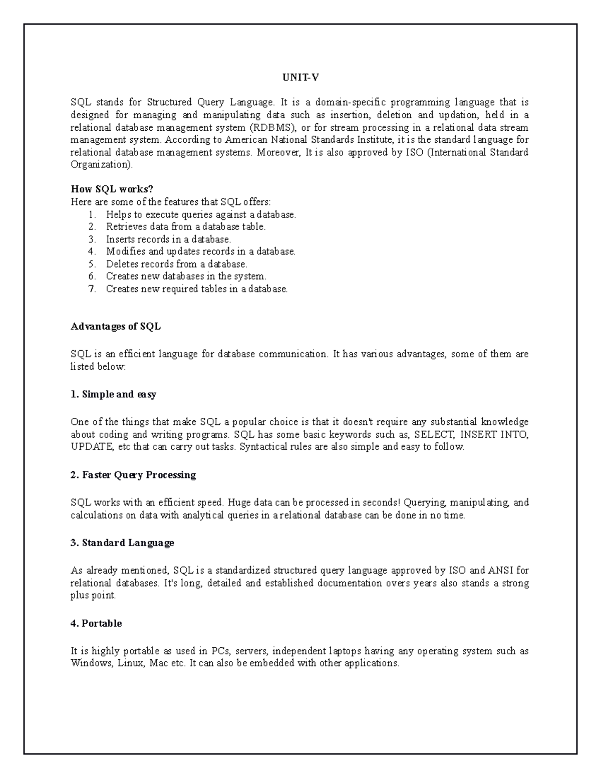 BIG DATA UNIT-V - UNIT-V SQL stands for Structured Query Language. It ...