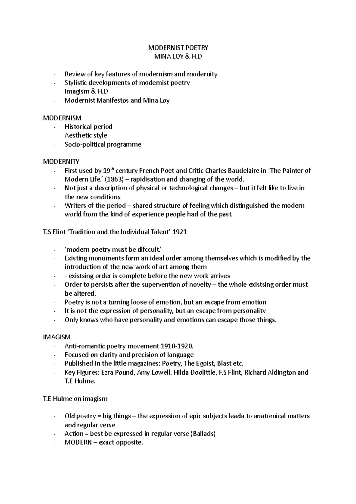 Modernist Poetry - Lecture notes 7 - MODERNIST POETRY MINA LOY &amp; H ...