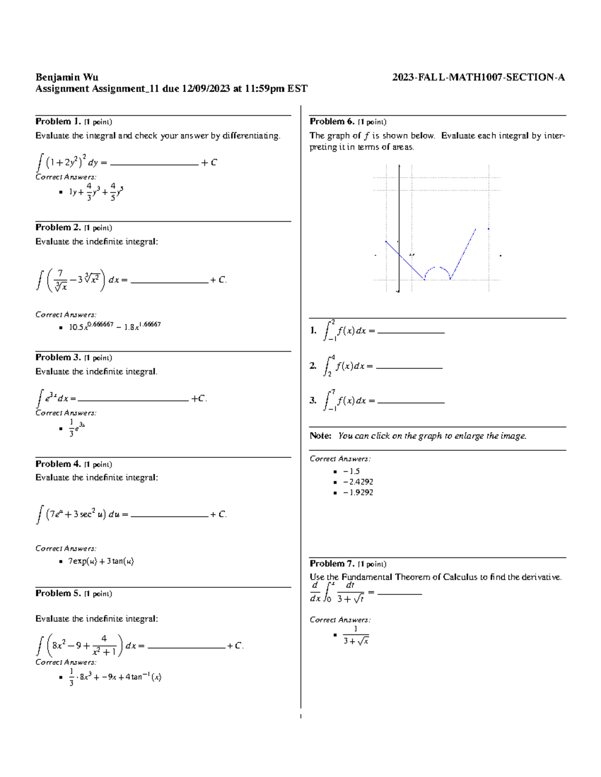 2023 FALL MATH1007 Section A - Benjamin Wu 2023-FALL-MATH1007-SECTION-A Assignment Assignment 11 ...