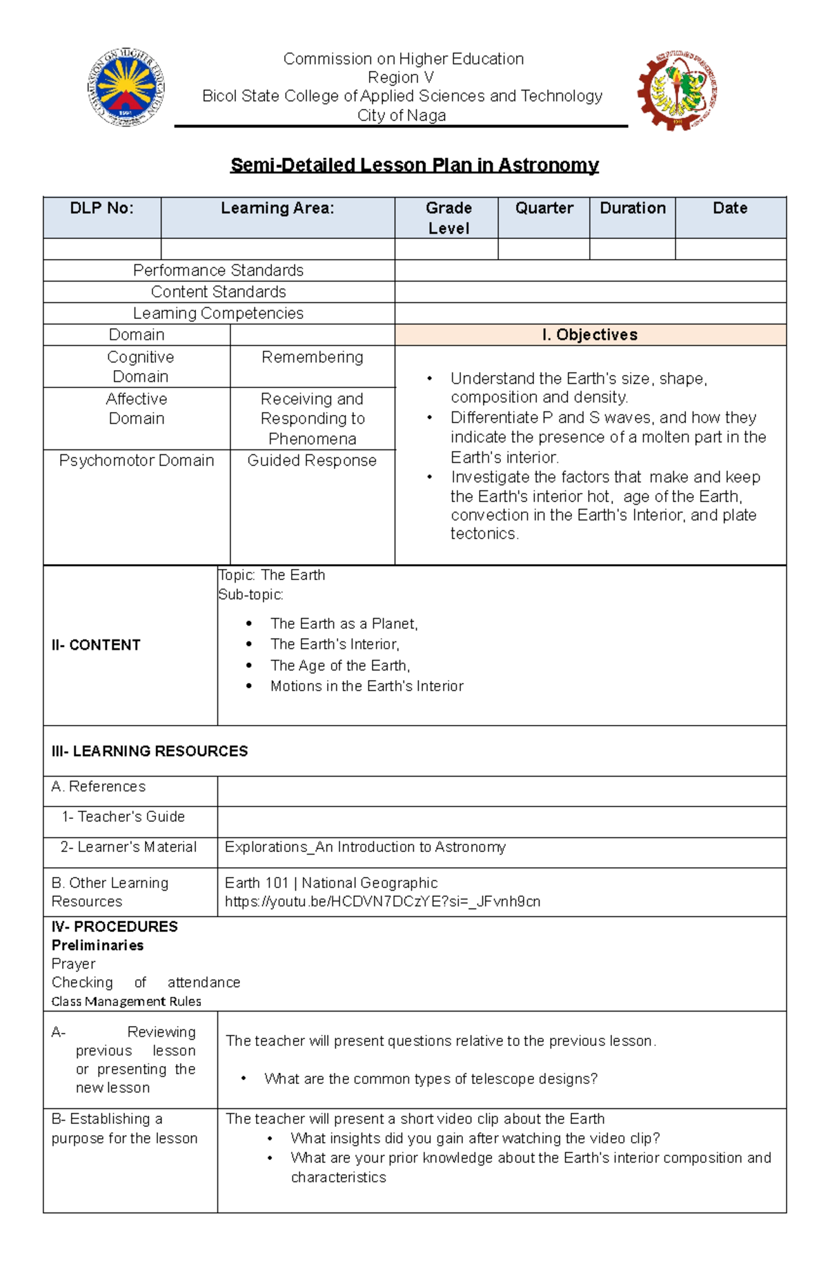 Lesson Plan Astronomy - Semi-Detailed Lesson Plan in Astronomy DLP No ...