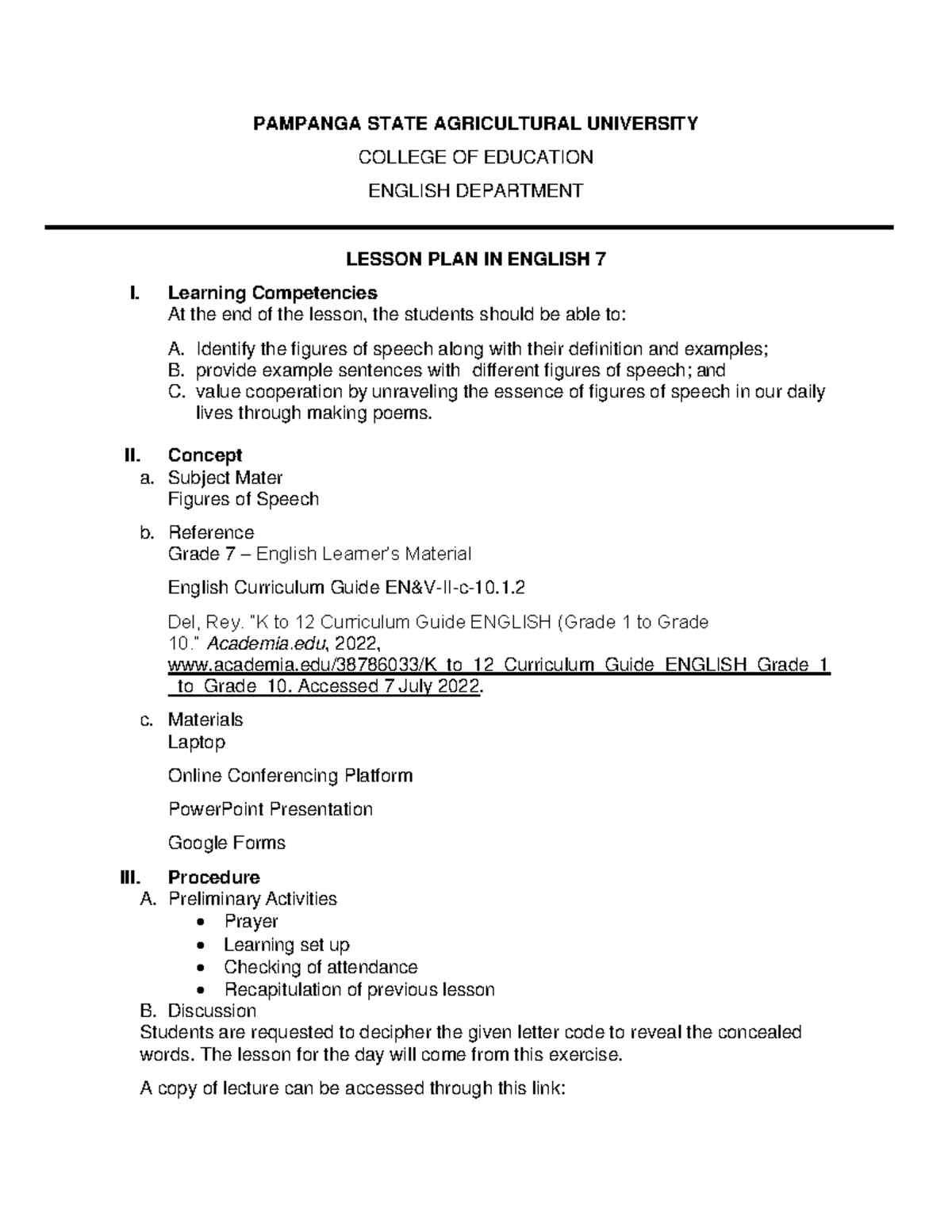 Semi-Detailed Lesson Plan of Figures of Speech - PAMPANGA STATE ...