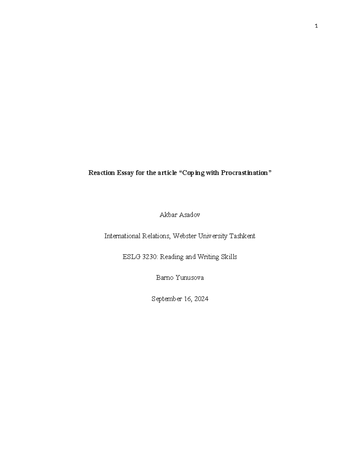 APA Style Student Paper Sample - 1 Reaction Essay for the article ...