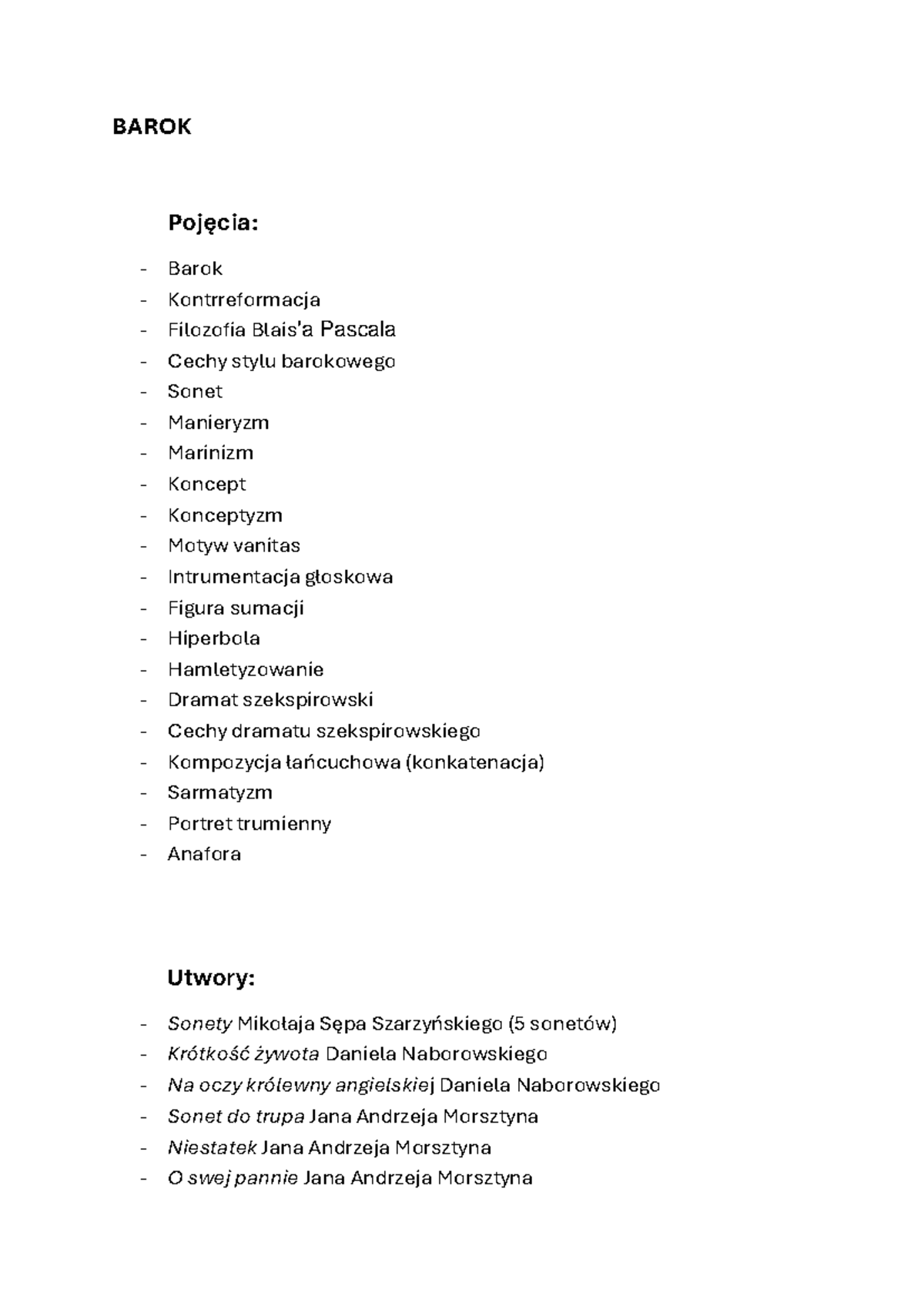 Barok - Zagadnienia - BAROK Pojęcia: - Barok - Kontrreformacja - Filozofia Blais'a Pascala ...