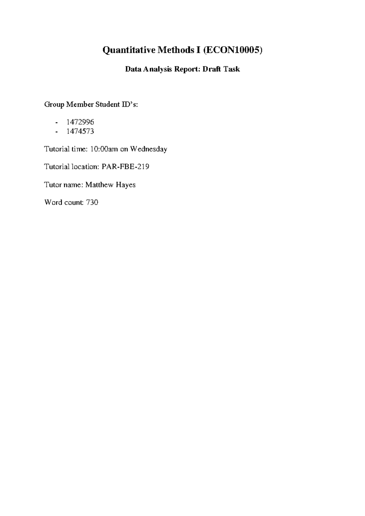 Qm Assignment 1 Quantitative Methods I Econ10005 Data Analysis Report Draft Task Group