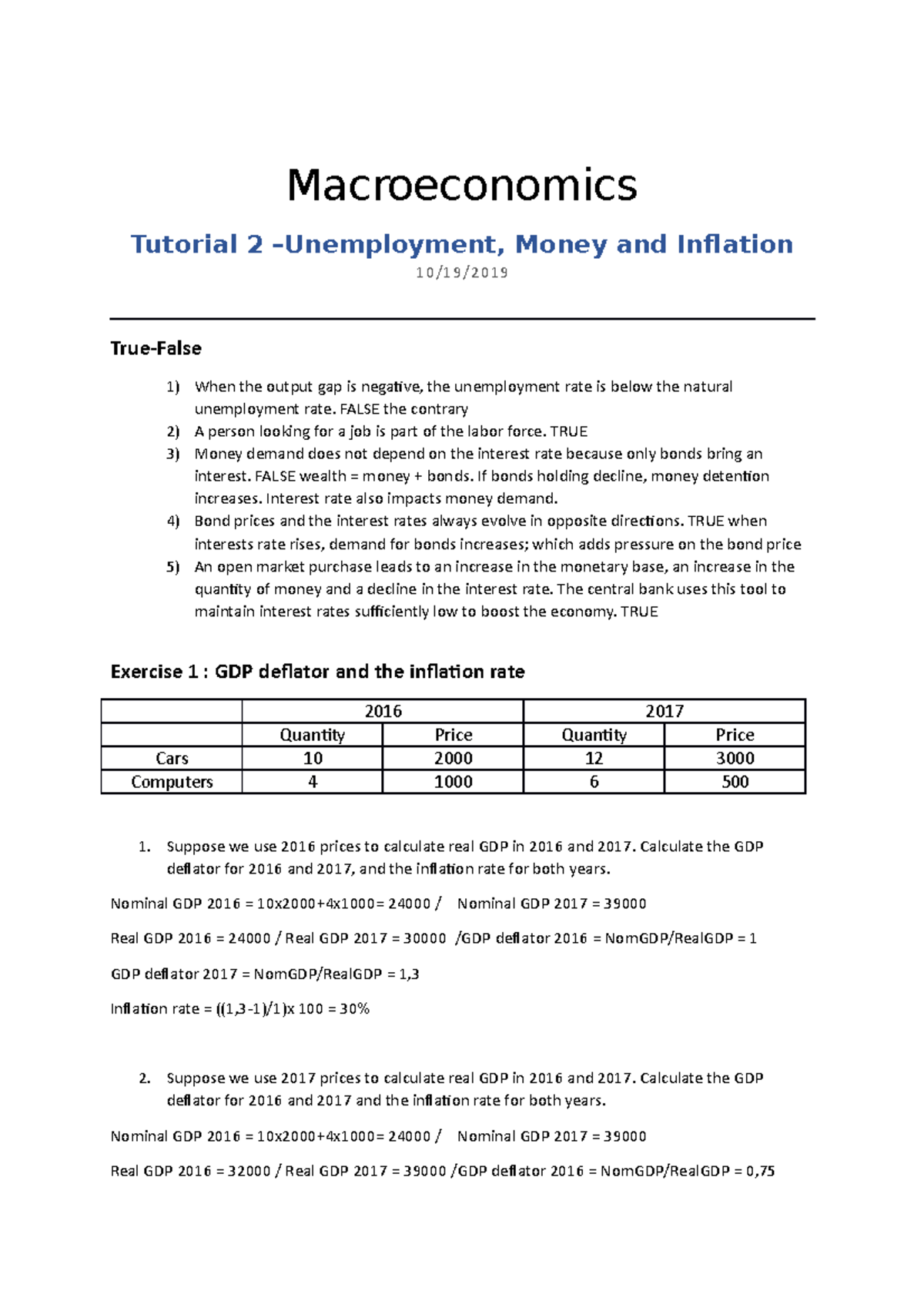 Tutorial 2, Unemployment, Money and Inflation - Macroeconomics Tutorial ...