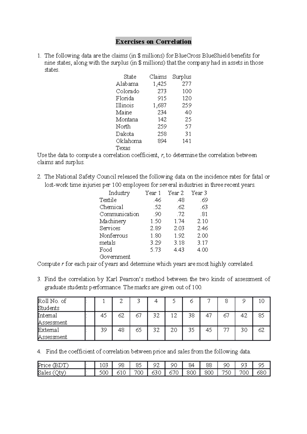 Exercises - Yuuu - Exercises on Correlation The following data are the ...