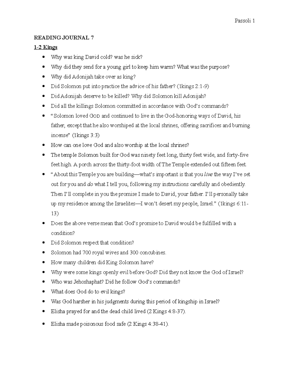 Reading Journal 7 - N/A - Passoli 1 READING JOURNAL 7 1-2 Kings Why was ...