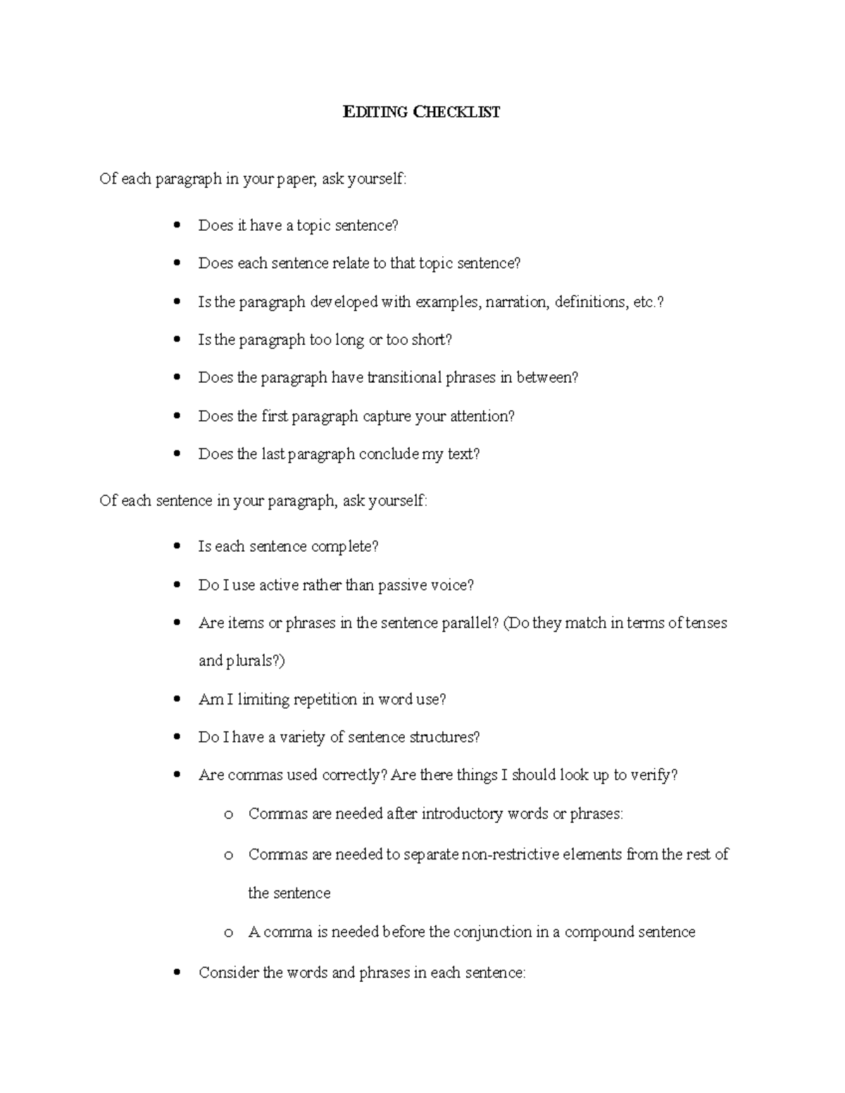 Editing Checklist - EDITING CHECKLIST Of each paragraph in your paper ...