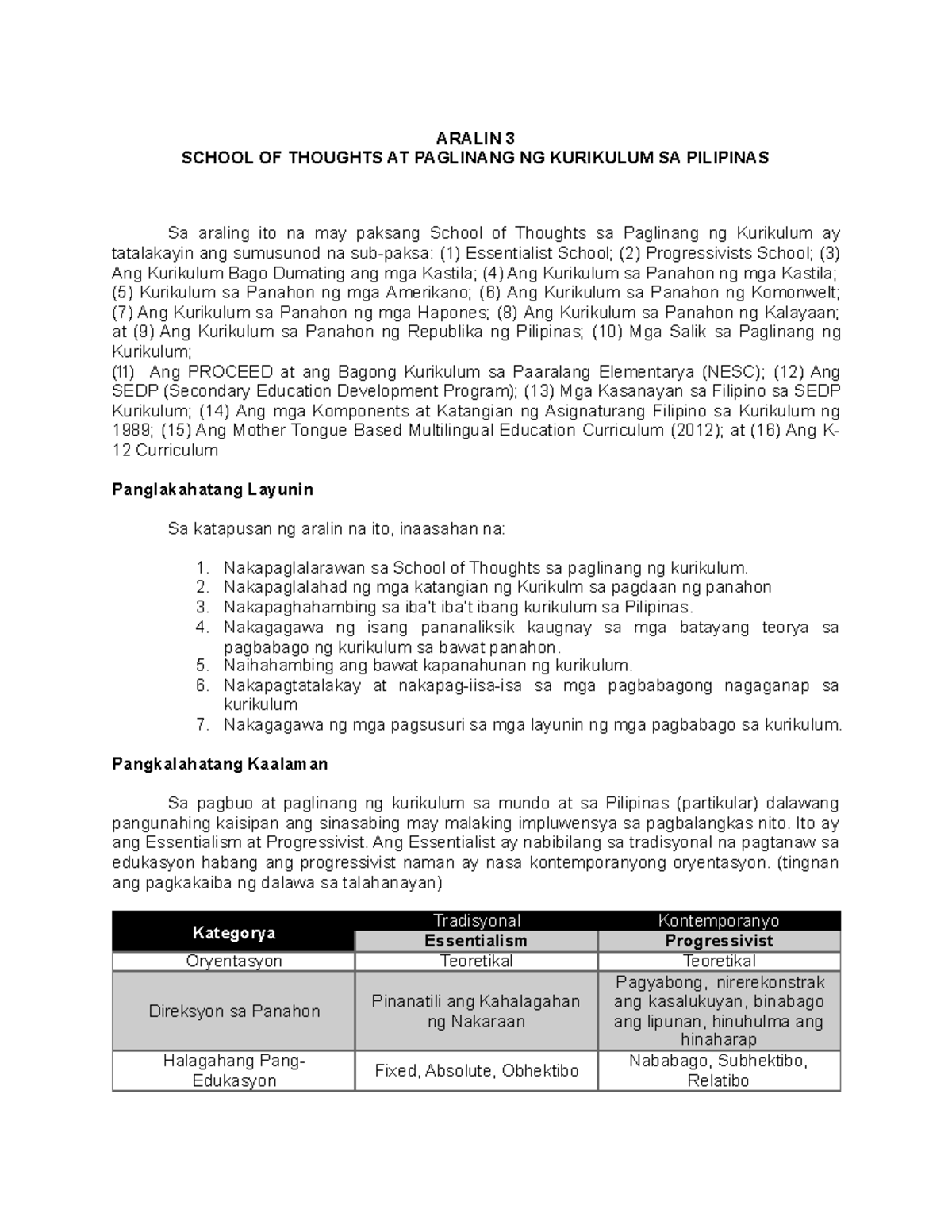 Aralin SCHOOL OF THOUGHTS AT PAGLINANG NG KURIKULUM SA PILIPINAS ...