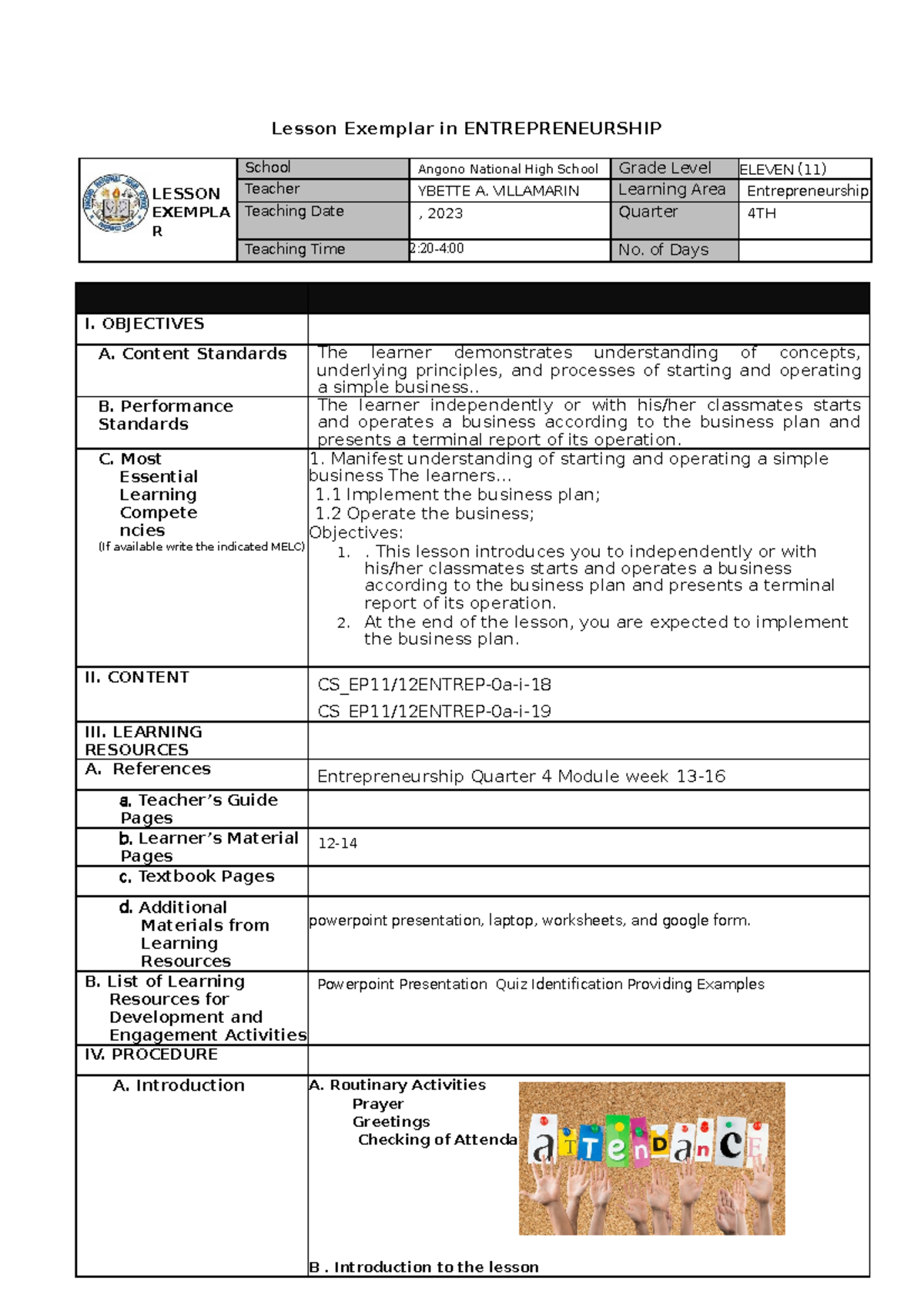 2ND DEMO Lesson PLAN Entrep Project-ESL 2023 - Lesson Exemplar in ...