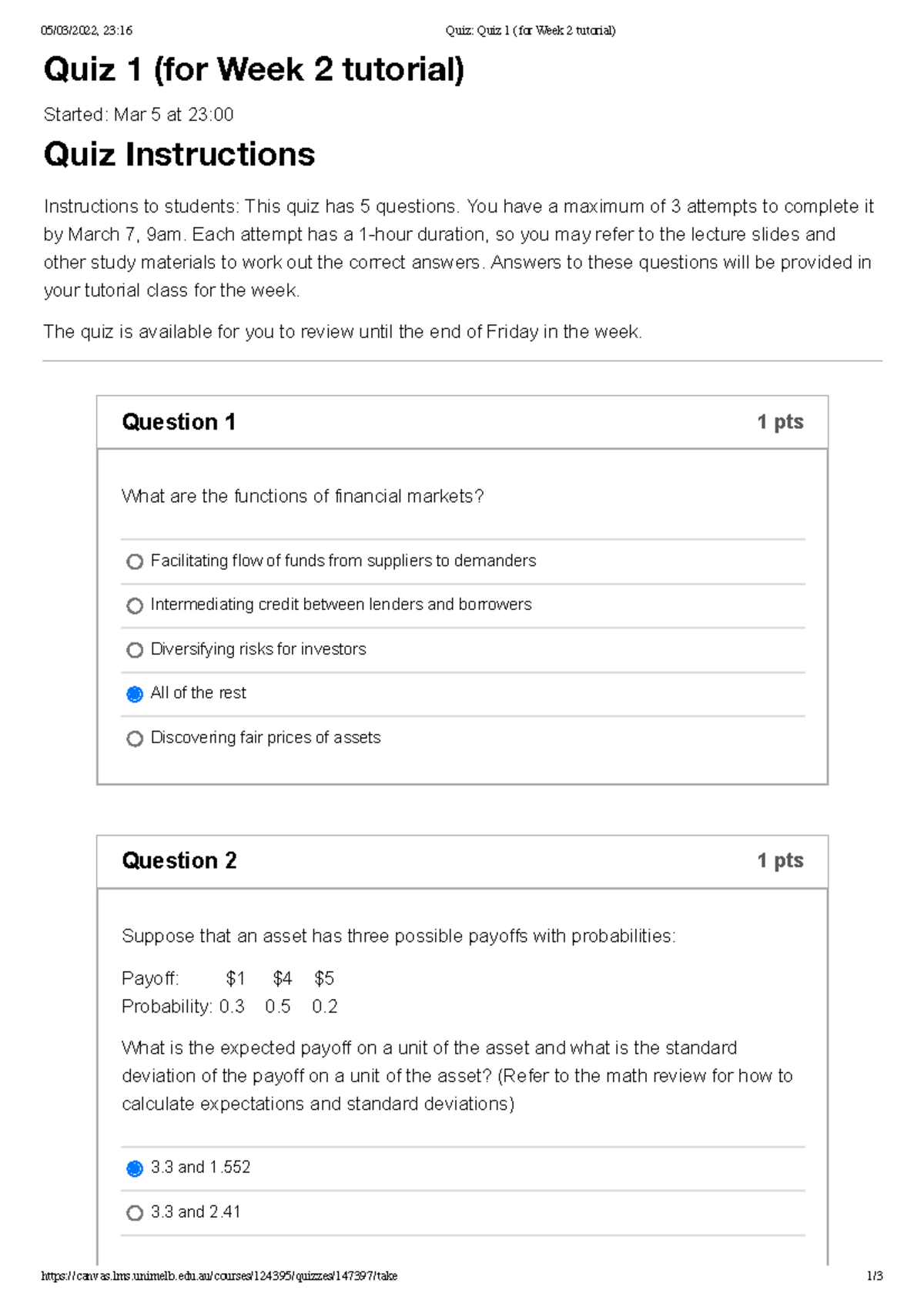 Quiz Quiz 1 (for Week 2 tutorial)!!!!! - ECON30024 - Unimelb - Studocu