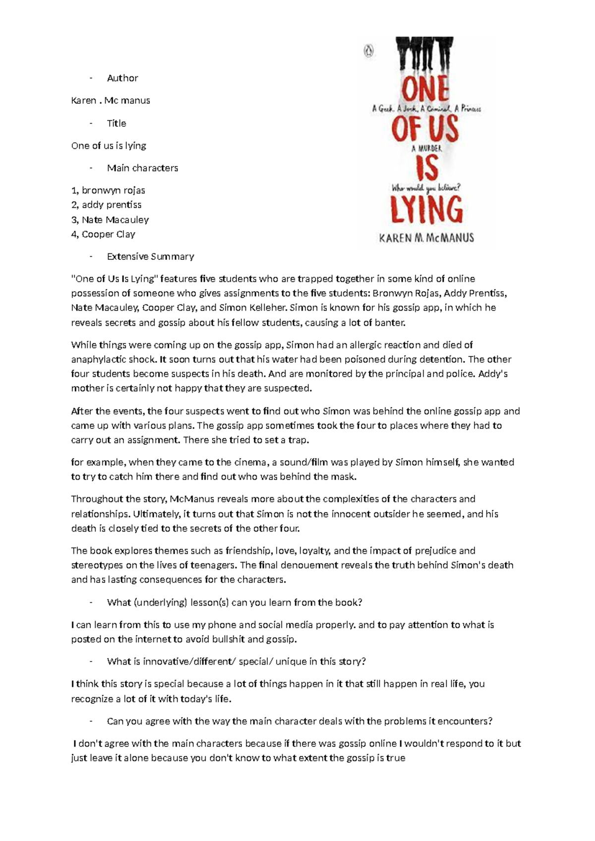 Boek one of us is lying samenvatting - Author Karen. Mc manus Title One ...