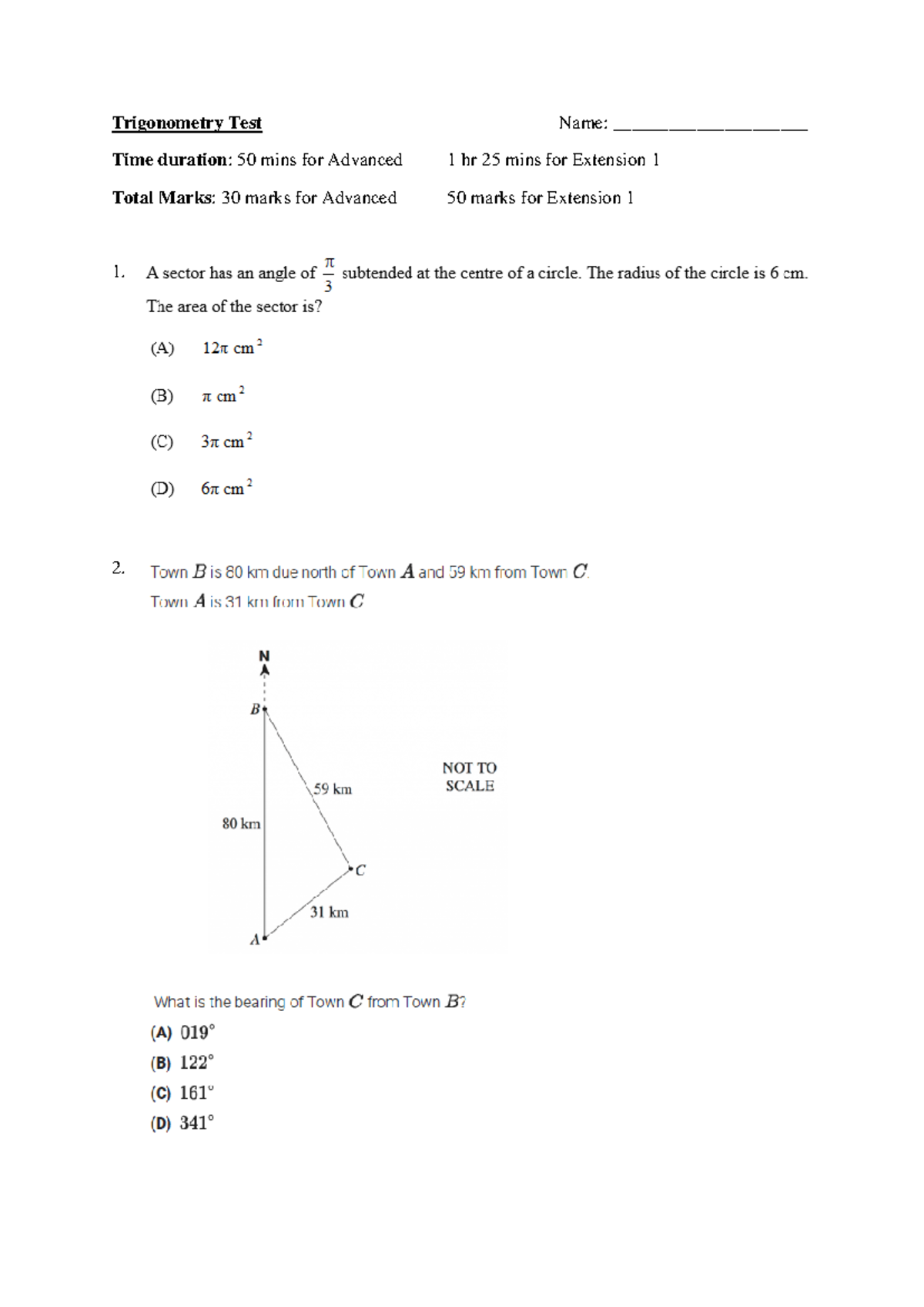 Trigonometry Test with Solutions - Trigonometry Test Name ...