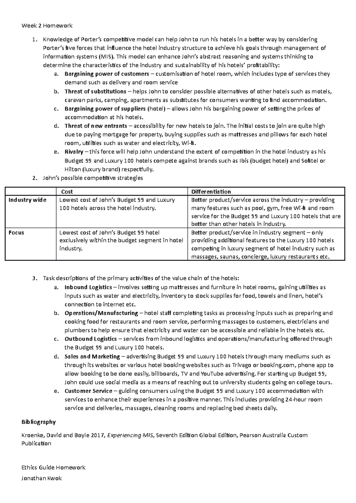 Week 2 INFS1602 HW - Week 2 Homework Knowledge of Porter’s competitive model can help John to ...
