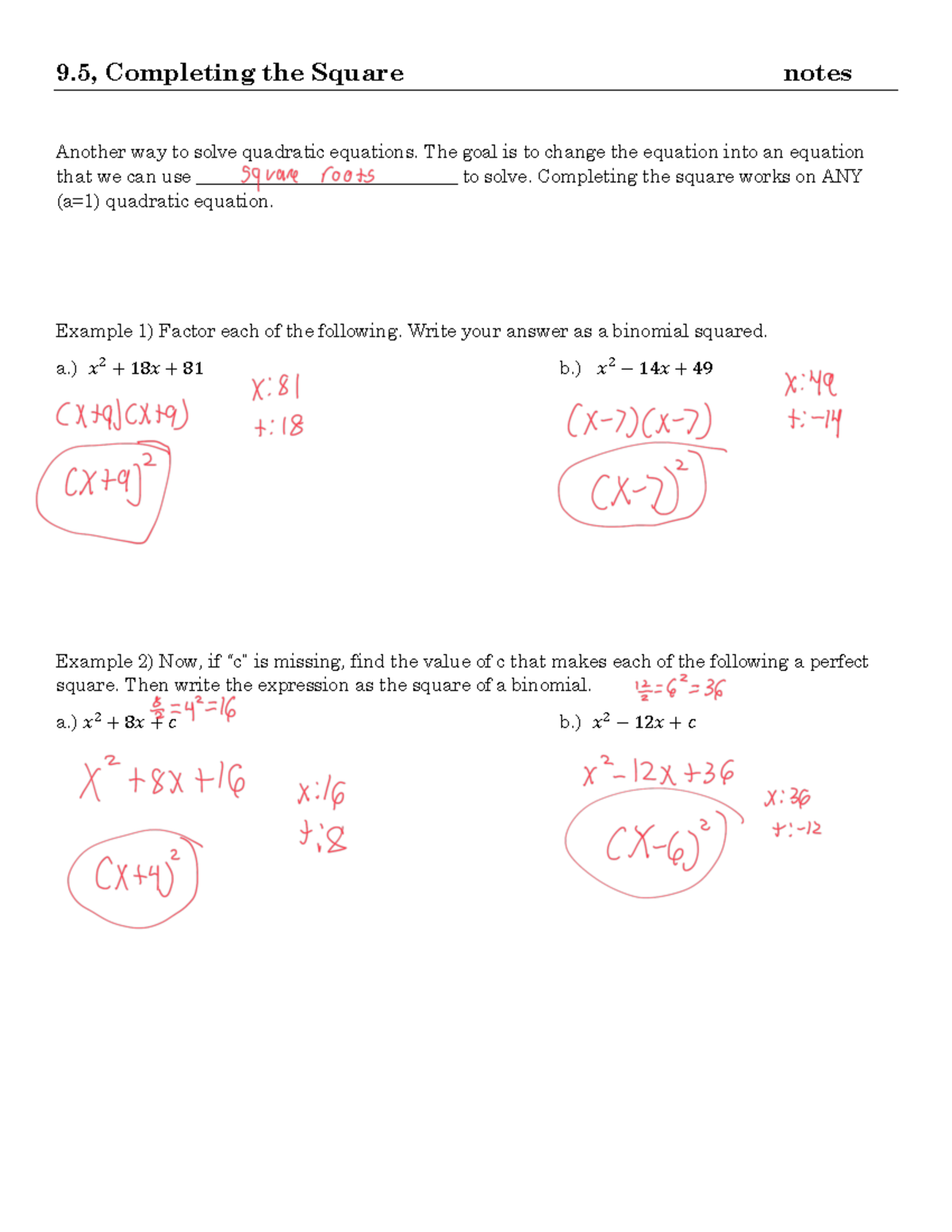 9 - So basically - 9, Completing the Square notes Another way to solve ...