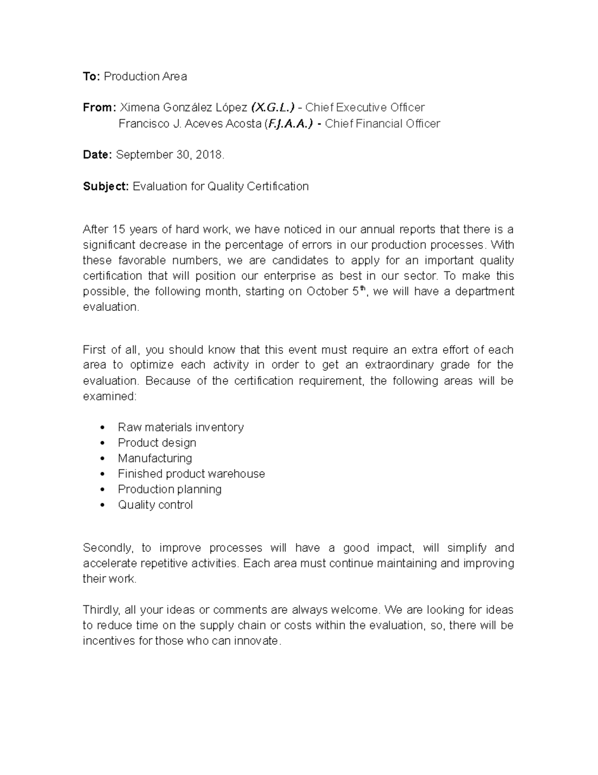 Final memo - To: Production Area From: Ximena González López (X.G ...