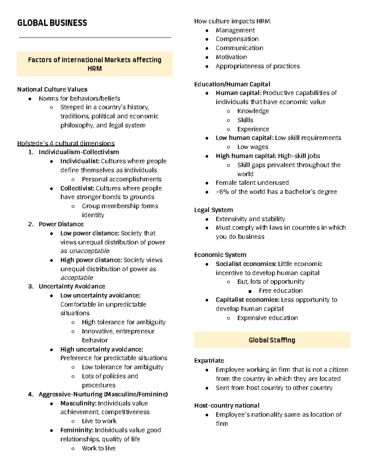 OBHR 3330 Notes 14 - Global Issues in HRM - GLOBAL BUSINESS Factors of ...
