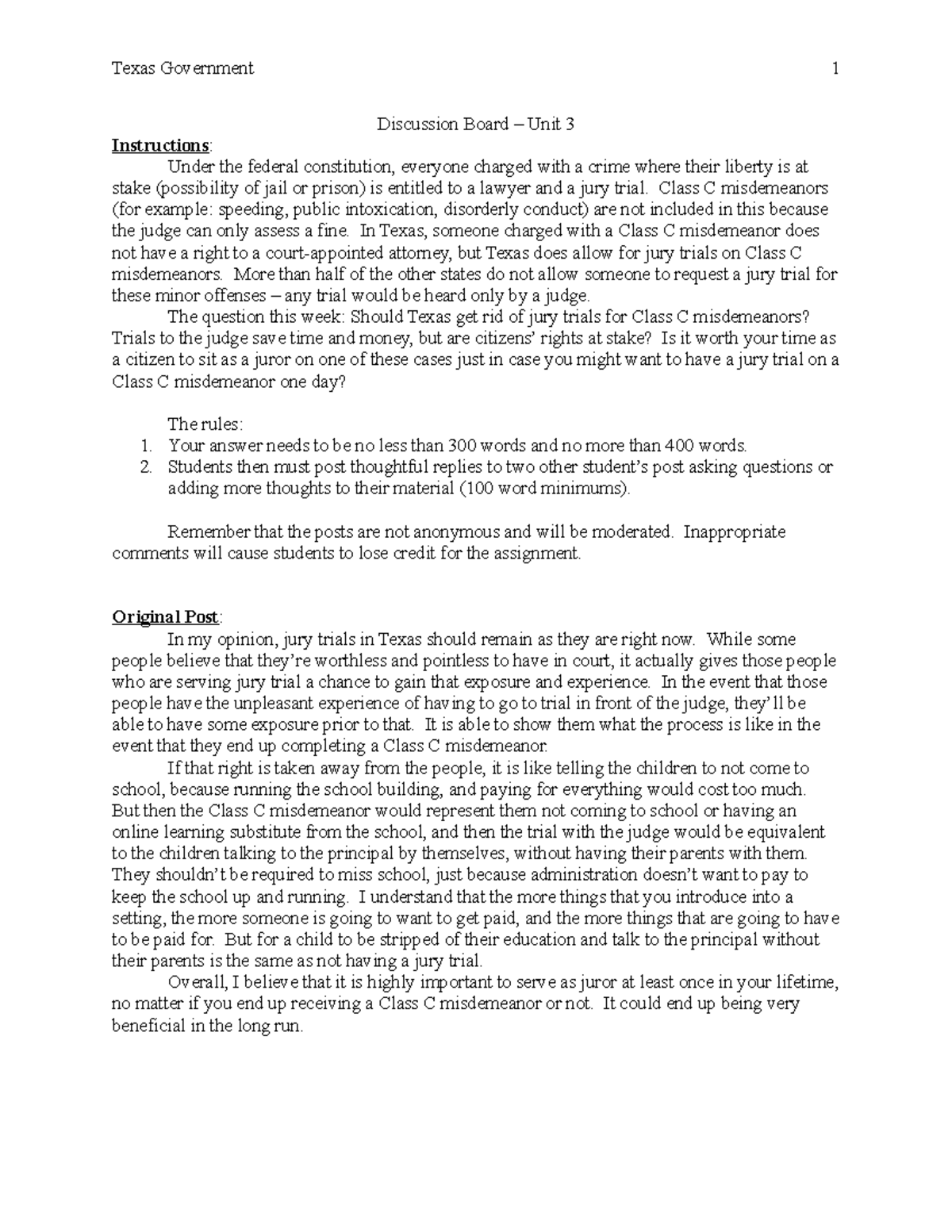 Discussion Board #3 - Texas Government Discussion Board – Unit 3 ...