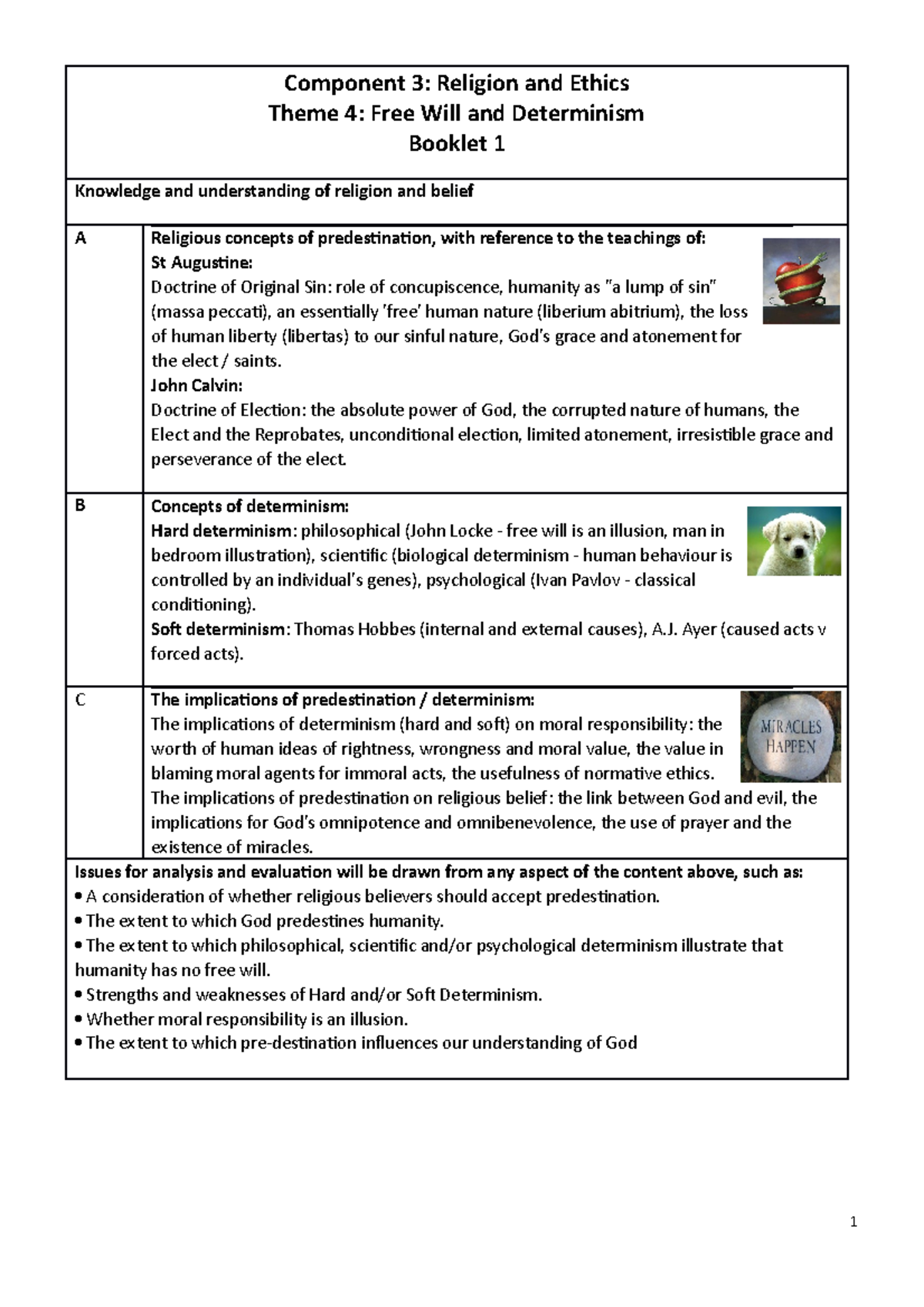 1 booklet 1 a b and c free will and determinism - Component 3: Religion ...