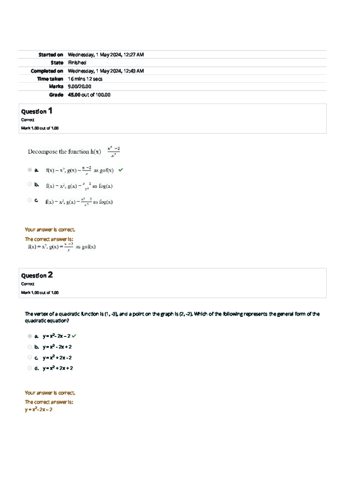 Graded Quiz Unit 3 Attempt review - Started on Wednesday, 1 May 2024, 12:27 AM State Finished ...