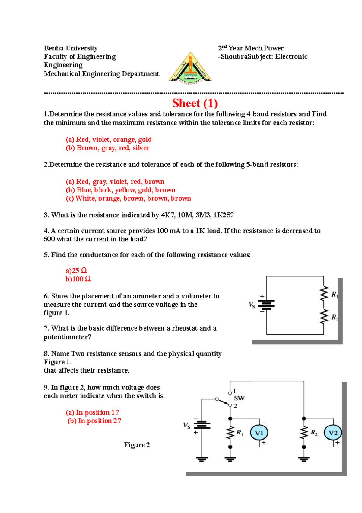 Sheet-1 - Electronics sheet - 2nd Year Mech ShoubraSubject: Electronic ...