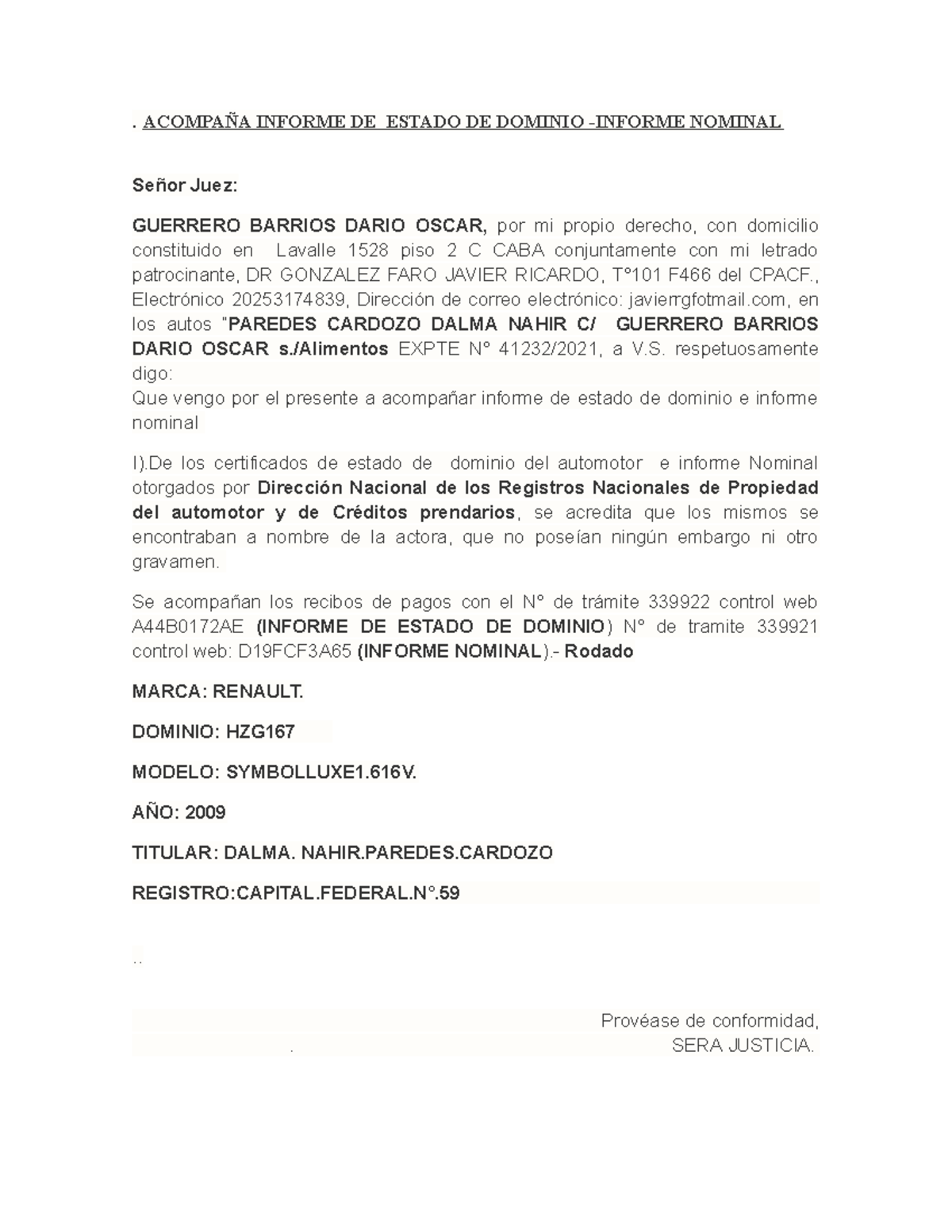 Acompaña Informede Dominio Einforme Nominal - . ACOMPAÑA INFORME DE ...