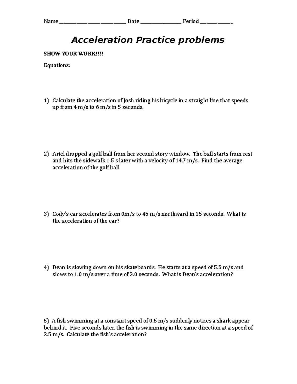 Acceleration Practice Problems: Physics Exercises for Mastery - Name