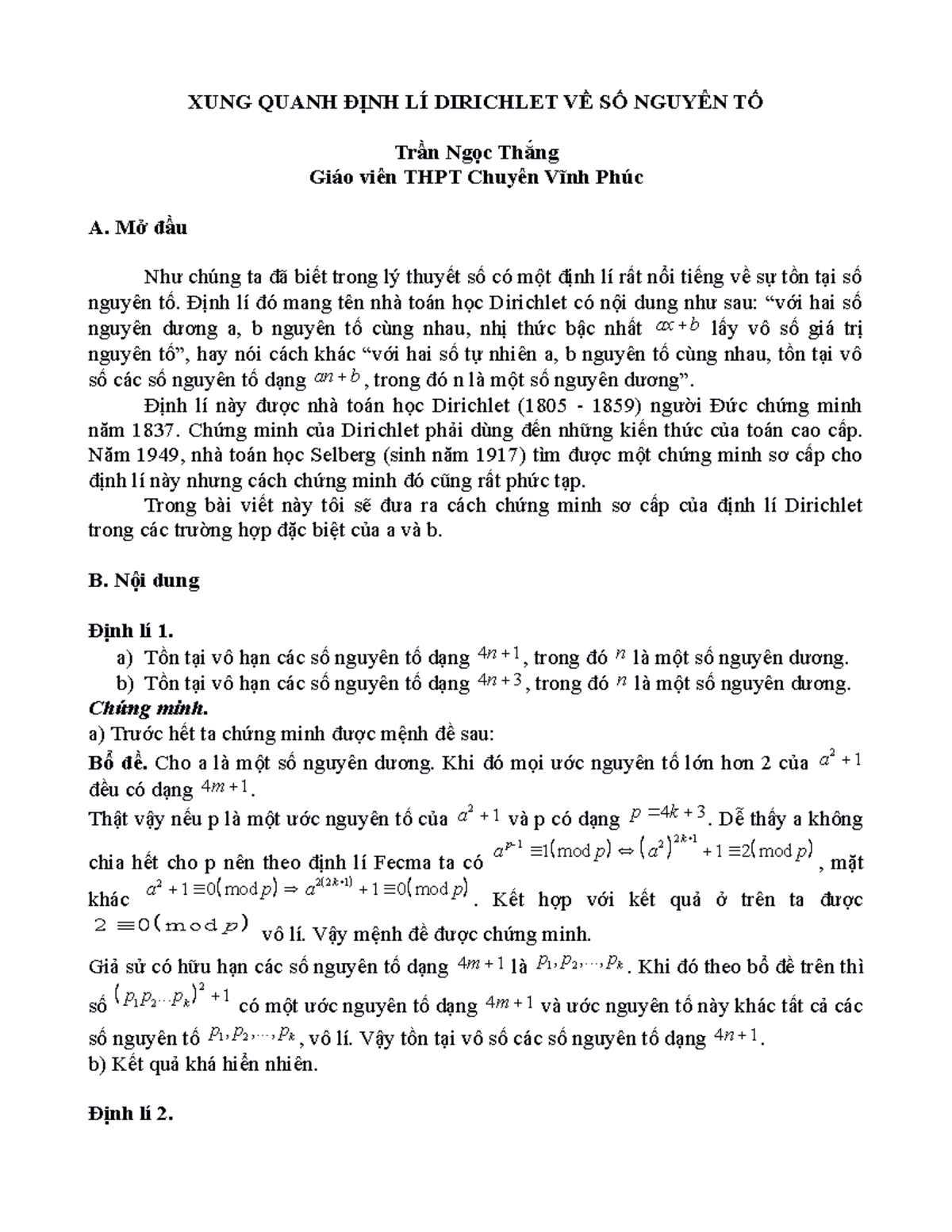 XUNG Quanh ĐỊNH LÍ Dirichlet VỀ SỐ Nguyên TỐ - XUNG QUANH ĐỊNH LÍ ...