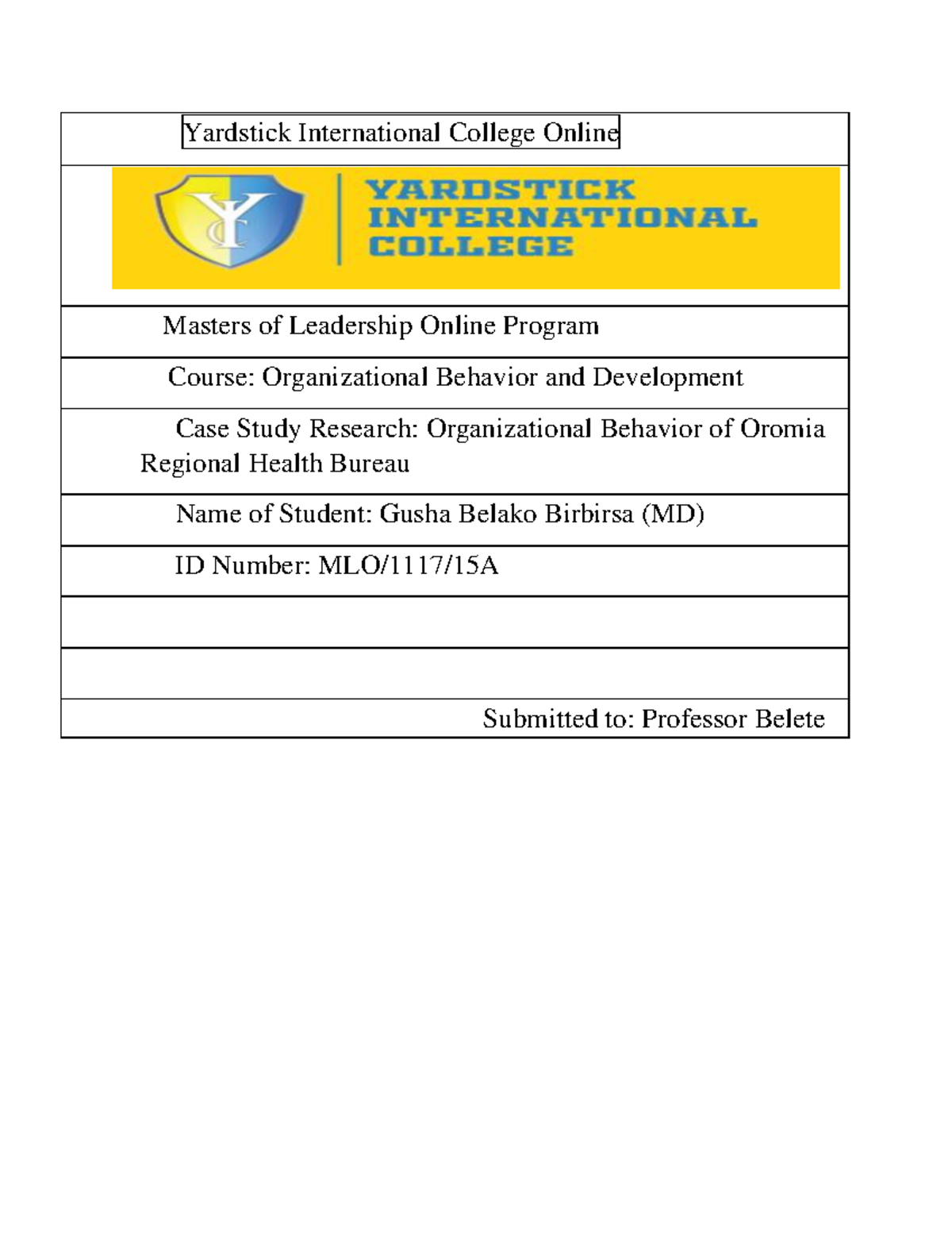 OB Case Study Research Dr Gusha - Yardstick International College ...