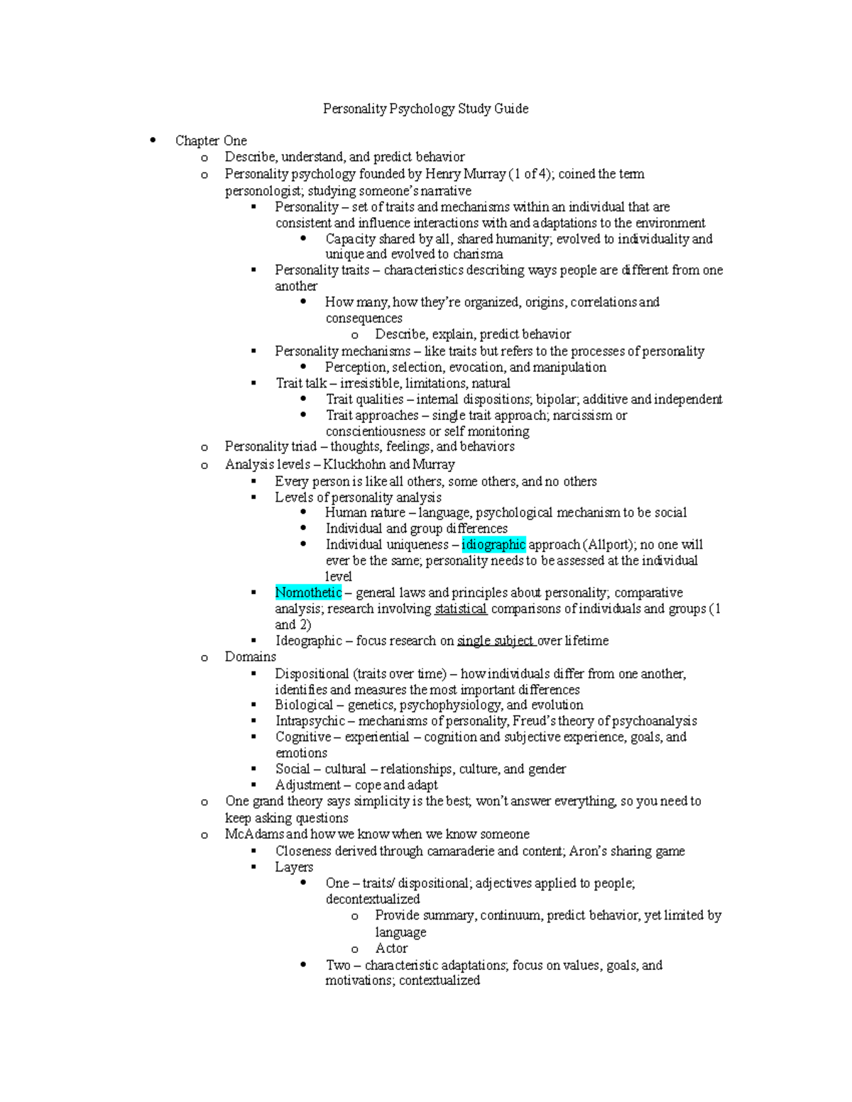 Psychology notes - Personality Psychology Study Guide Chapter One o ...