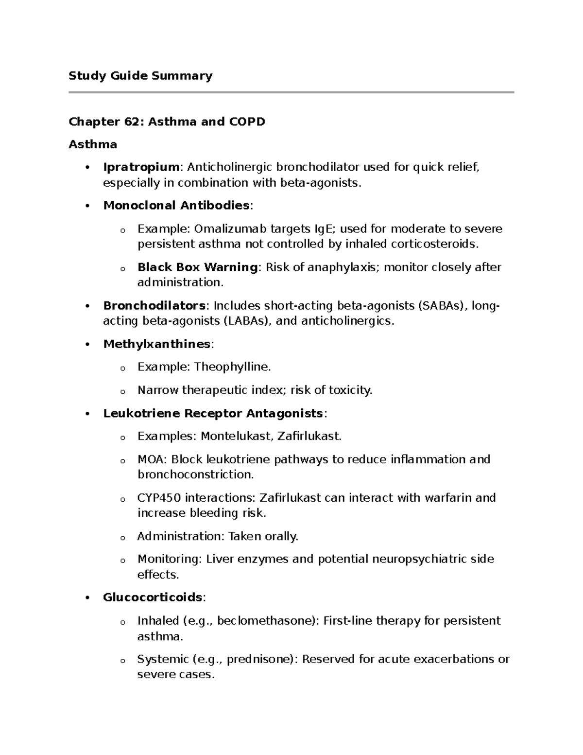 Chapter 62 - n/a - Study Guide Summary Chapter 62: Asthma and COPD ...