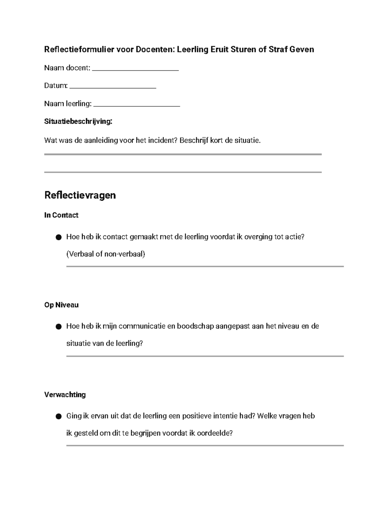 Reflectieformulier voor Docenten - Reflectievragen In Contact Hoe heb ik contact gemaakt met de ...
