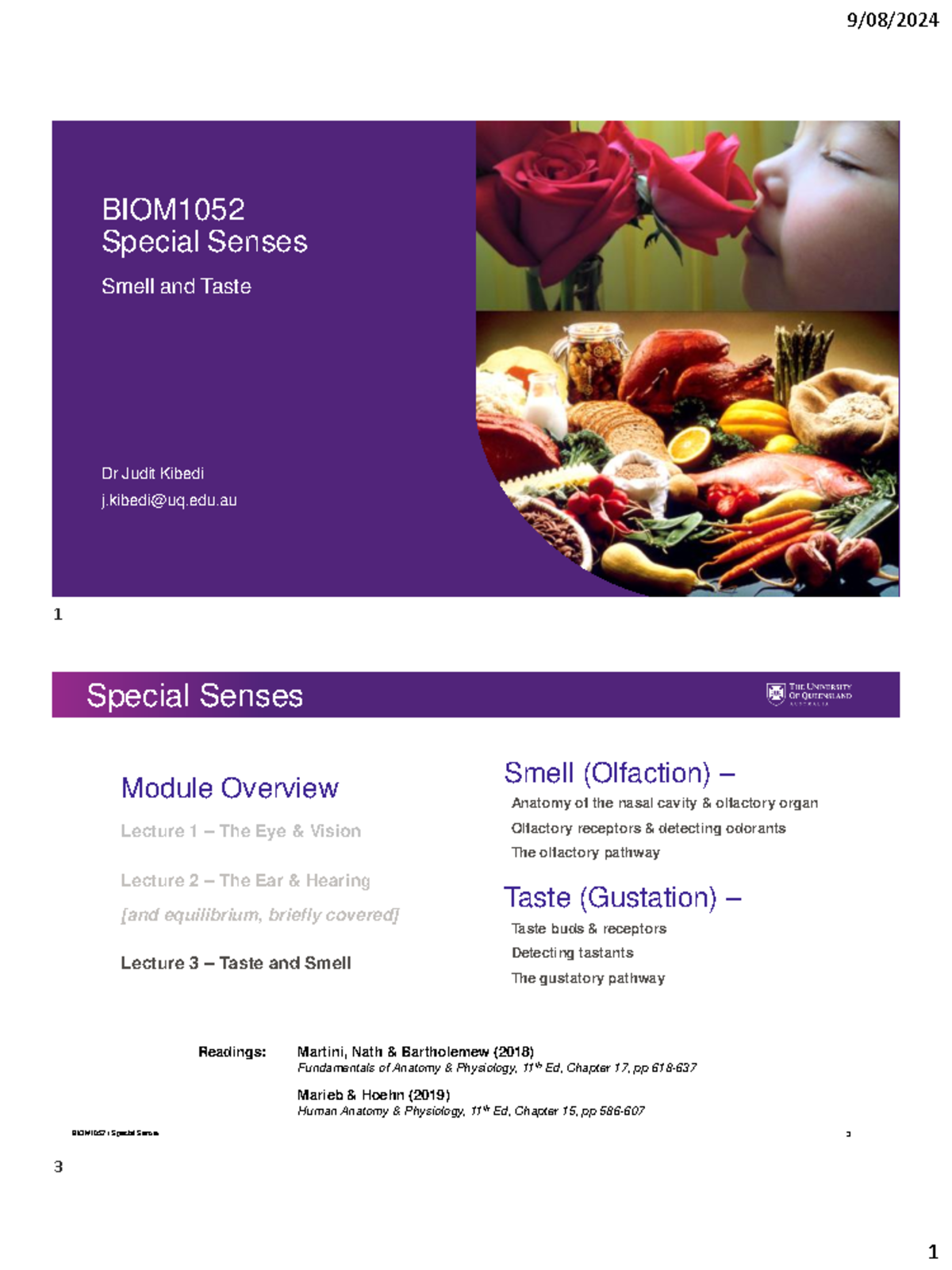 BIOM1052 Special Senses 2 Smell & Taste 2024 2pp - 1 Smell and Taste Dr ...
