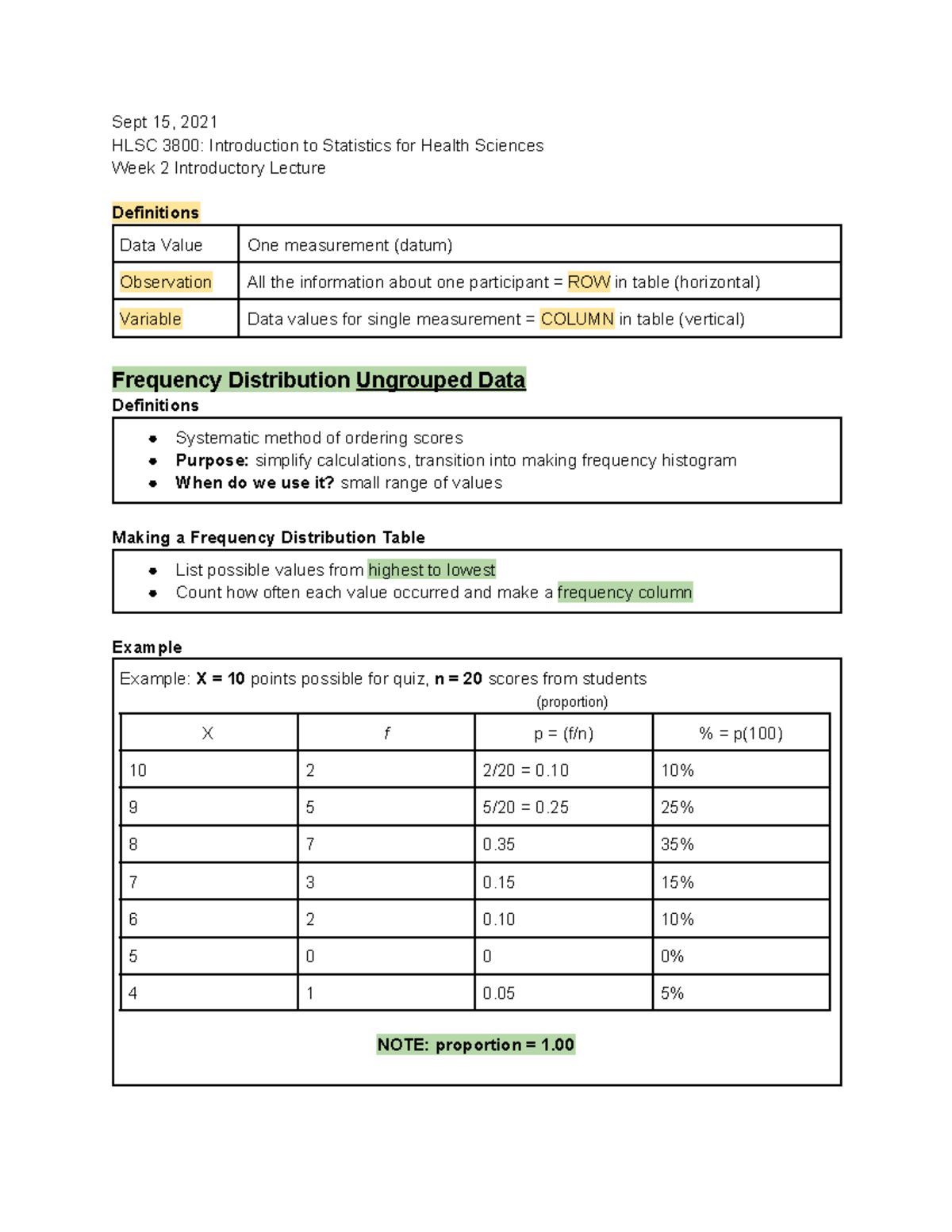 Summary (1)stat - Stats notes !!!!! - Sept 15, 2021 HLSC 3800 ...