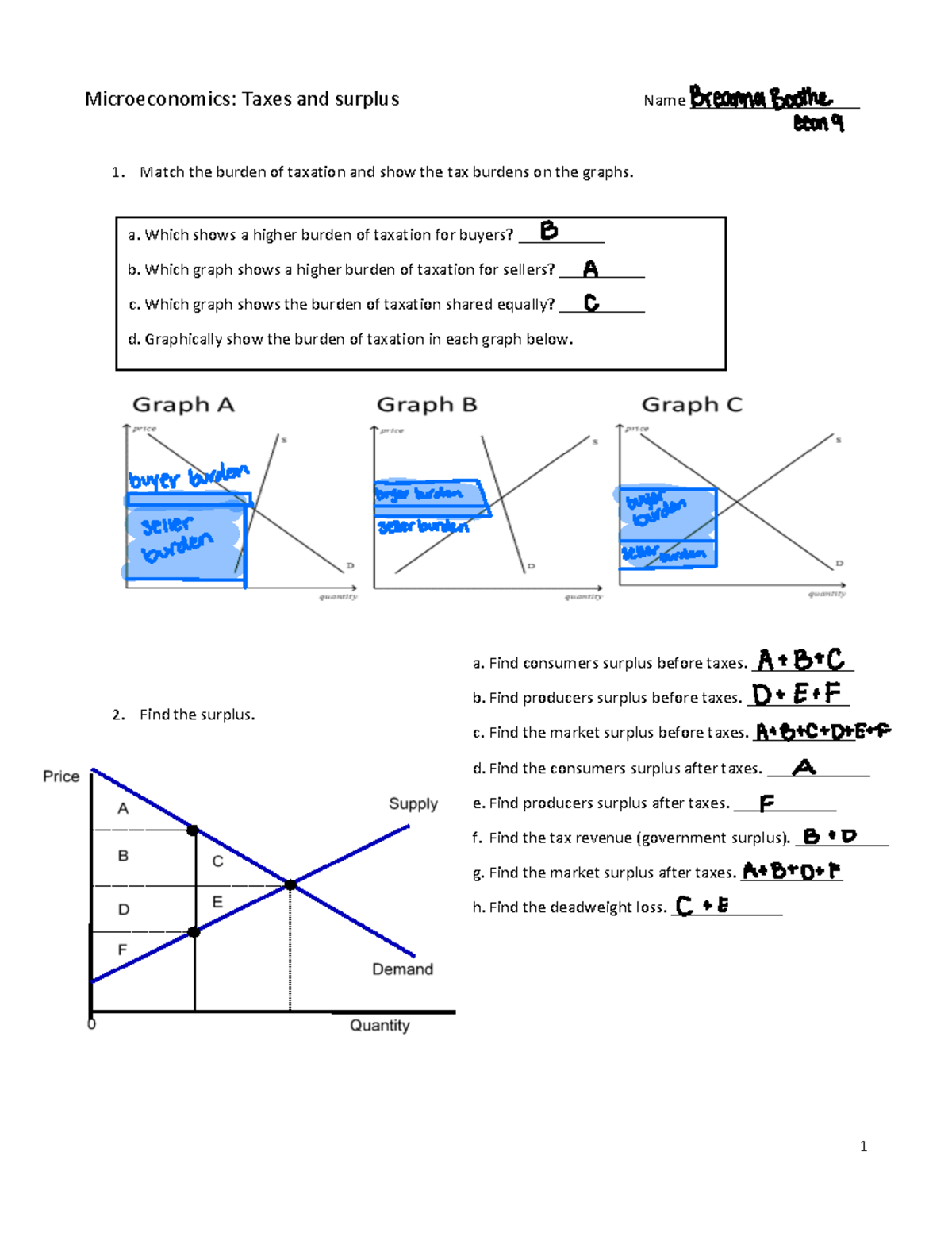 ECON 9 Homework 7 - 1 Microeconomics: Taxes and surplus Name ...