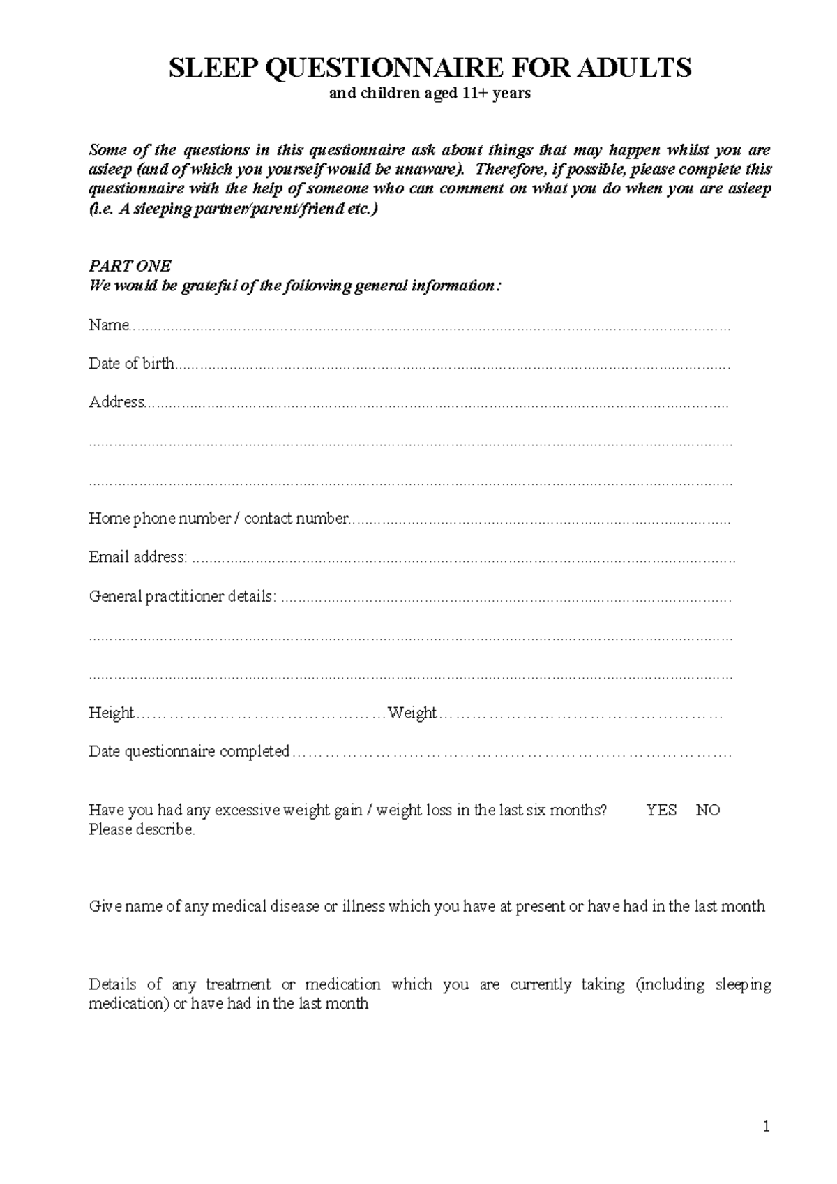 Sleep questionnaire over 11 - SLEEP QUESTIONNAIRE FOR ADULTS and ...