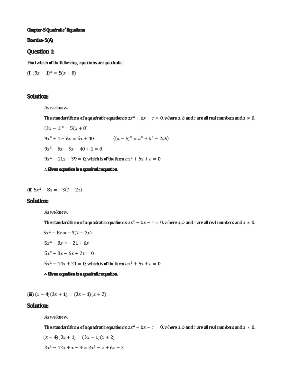 Concise 10 Quadratic Equations [Part 1] - Chapter- 5 Quadratic `Equations Exercise- 5 (A ...