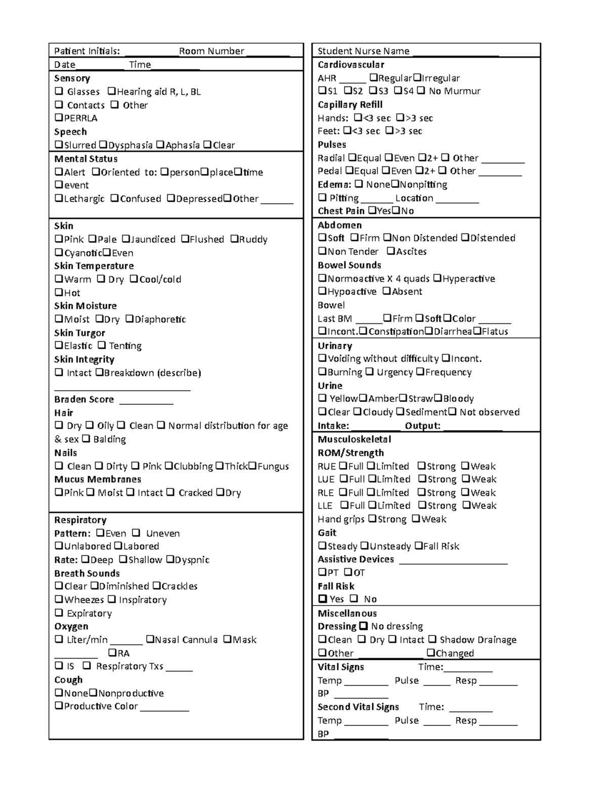 Physical Assessment Form - Patient Initials: __________Room Number ...