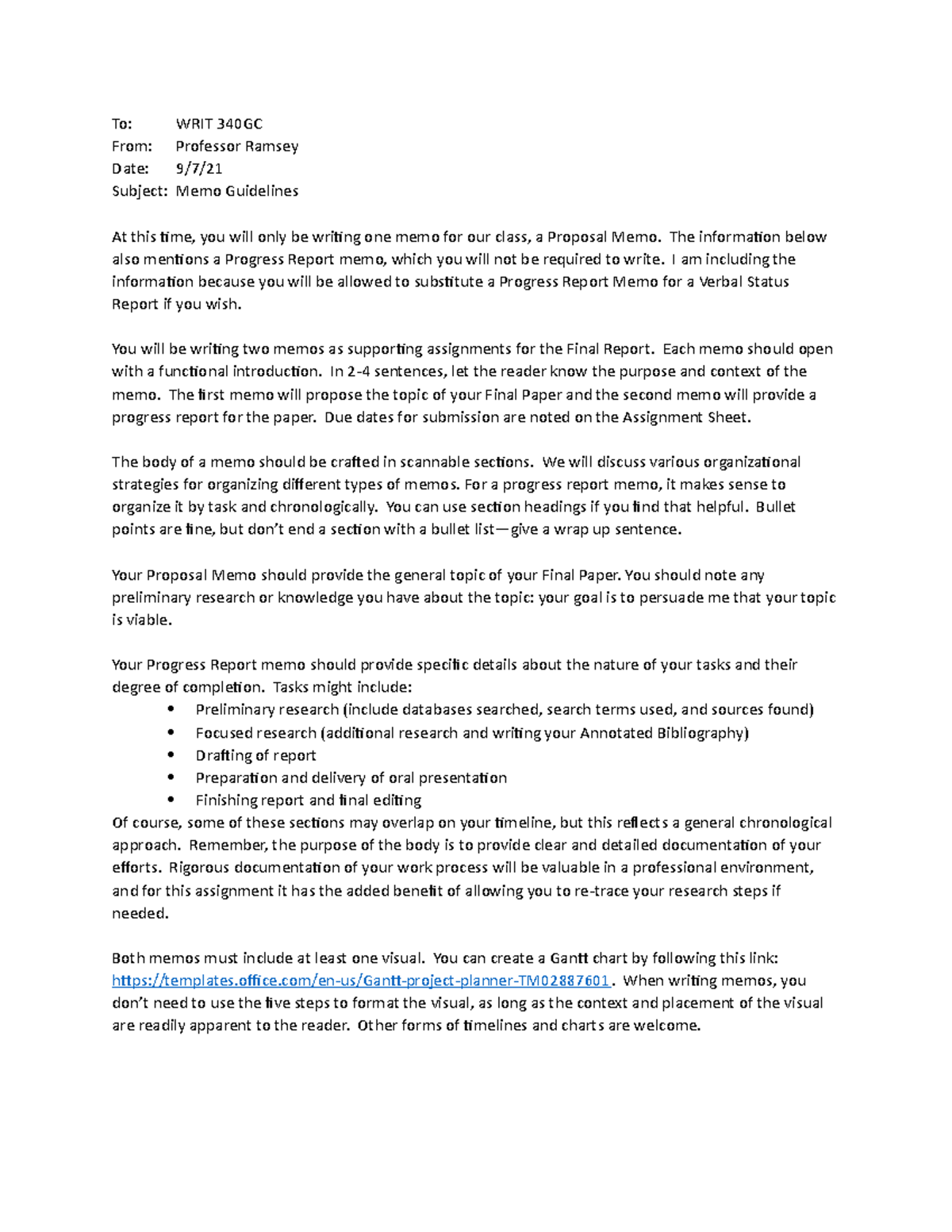 Memo Guidelines Fall 21 To WRIT 340GC From Professor Ramsey Date 9 