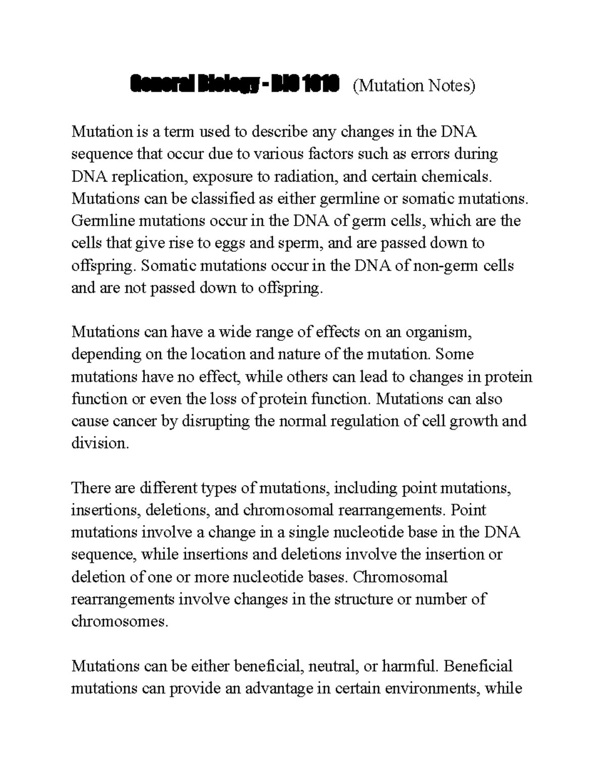 Bio Mutation Notes General Biology Bio 1010 Mutation Notes