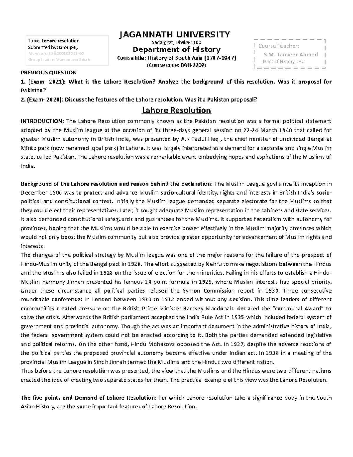 Lahore resolution - a completed note - JAGANNATH UNIVERSITY Sadarghat ...