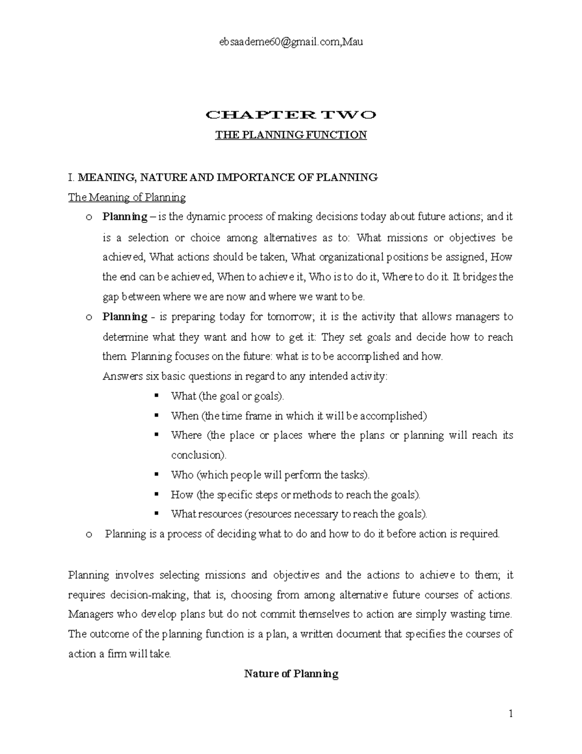 Ch - Introduction to Management - CHAPTER TWO THE PLANNING FUNCTION I ...