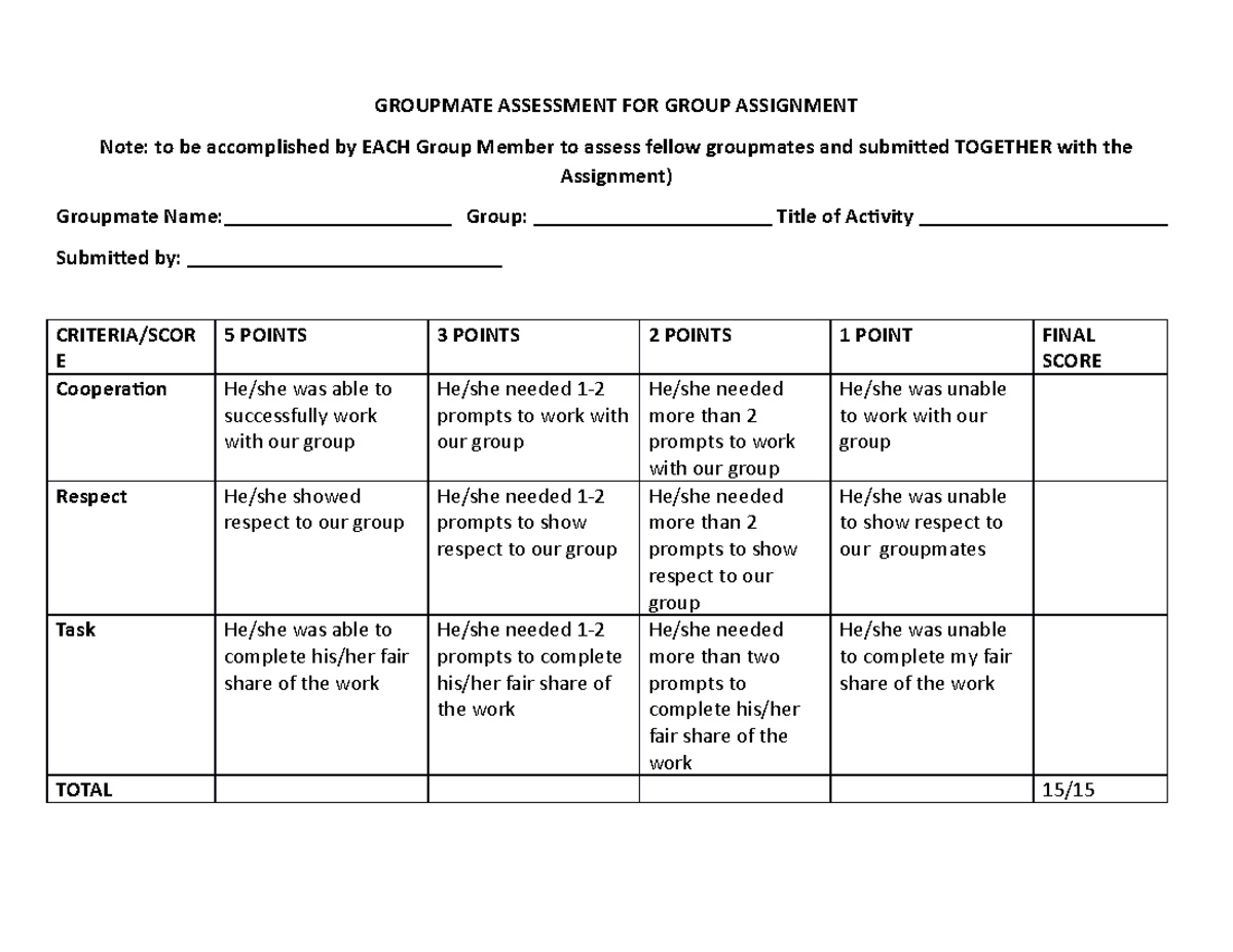 Assessments FOR Group Assignments(4) - GROUPMATE ASSESSMENT FOR GROUP ...