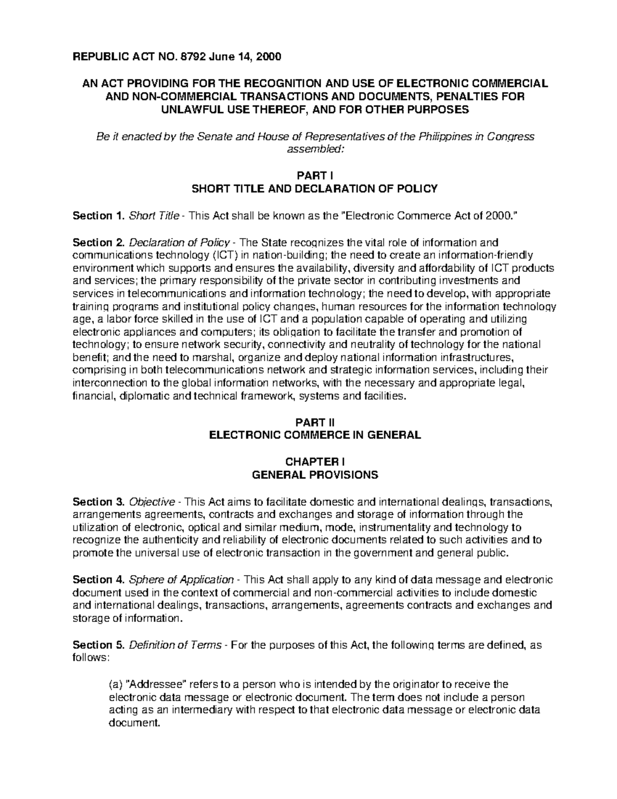 Republic ACT NO 8792 Ecommerce REPUBLIC ACT NO 8792 June 14 2000