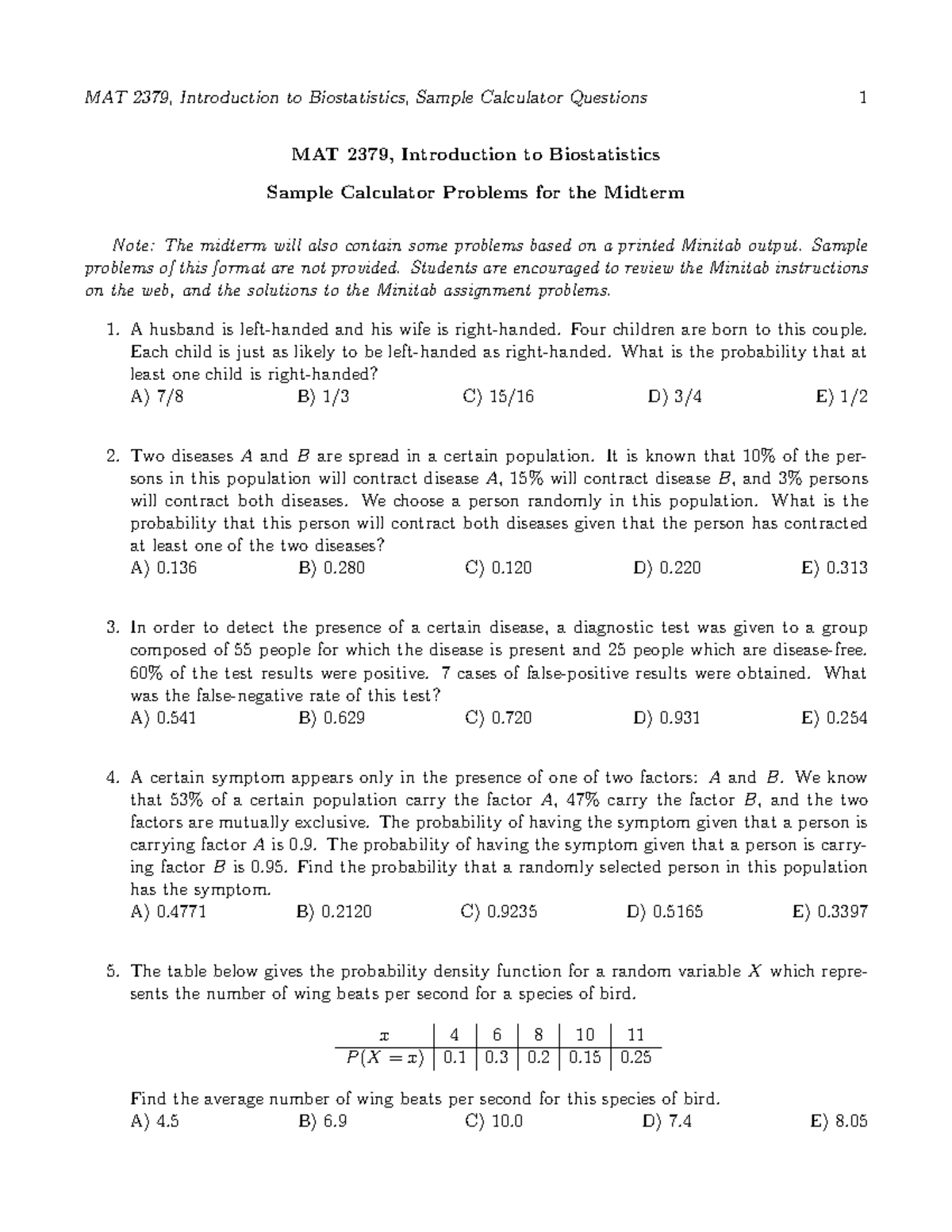 Midsample - MAT 2379, Introduction to Biostatistics, Sample Calculator Questions 1 MAT 2379 ...