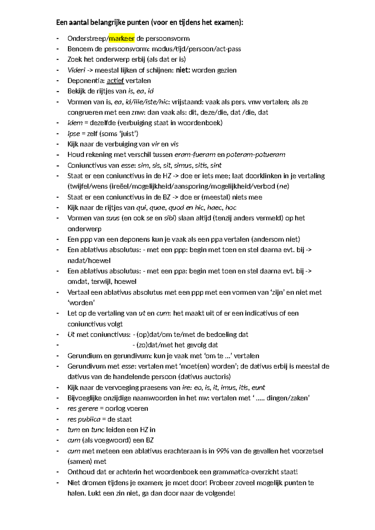 Belangrijke punten examen Latijn - Een aantal belangrijke punten (voor en tijdens het examen ...