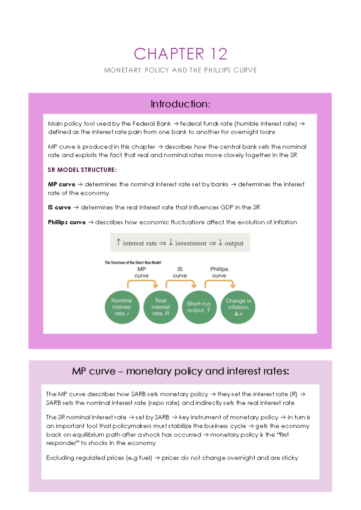 Chapter 12 - Summary Economics - CHAPTER 12 MONETARY POLICY AND THE PHILLIPS CURVE Main policy ...