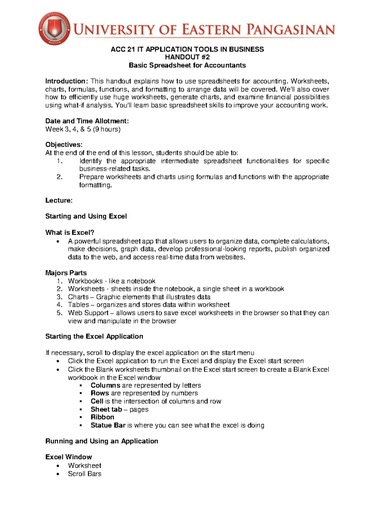 Handout 2 IT Application Tools IN Business - ACC 21 IT APPLICATION ...