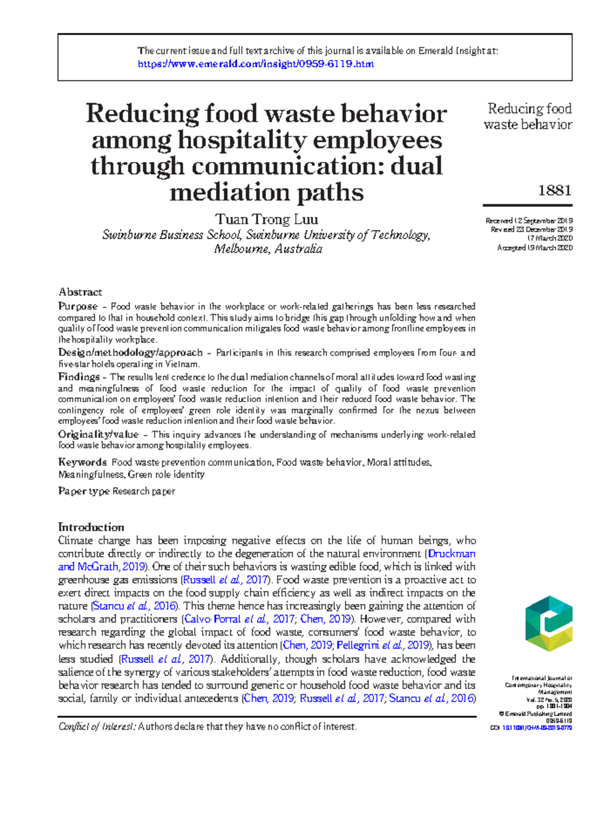 Reducing food waste behavior among hospitality employees through ...