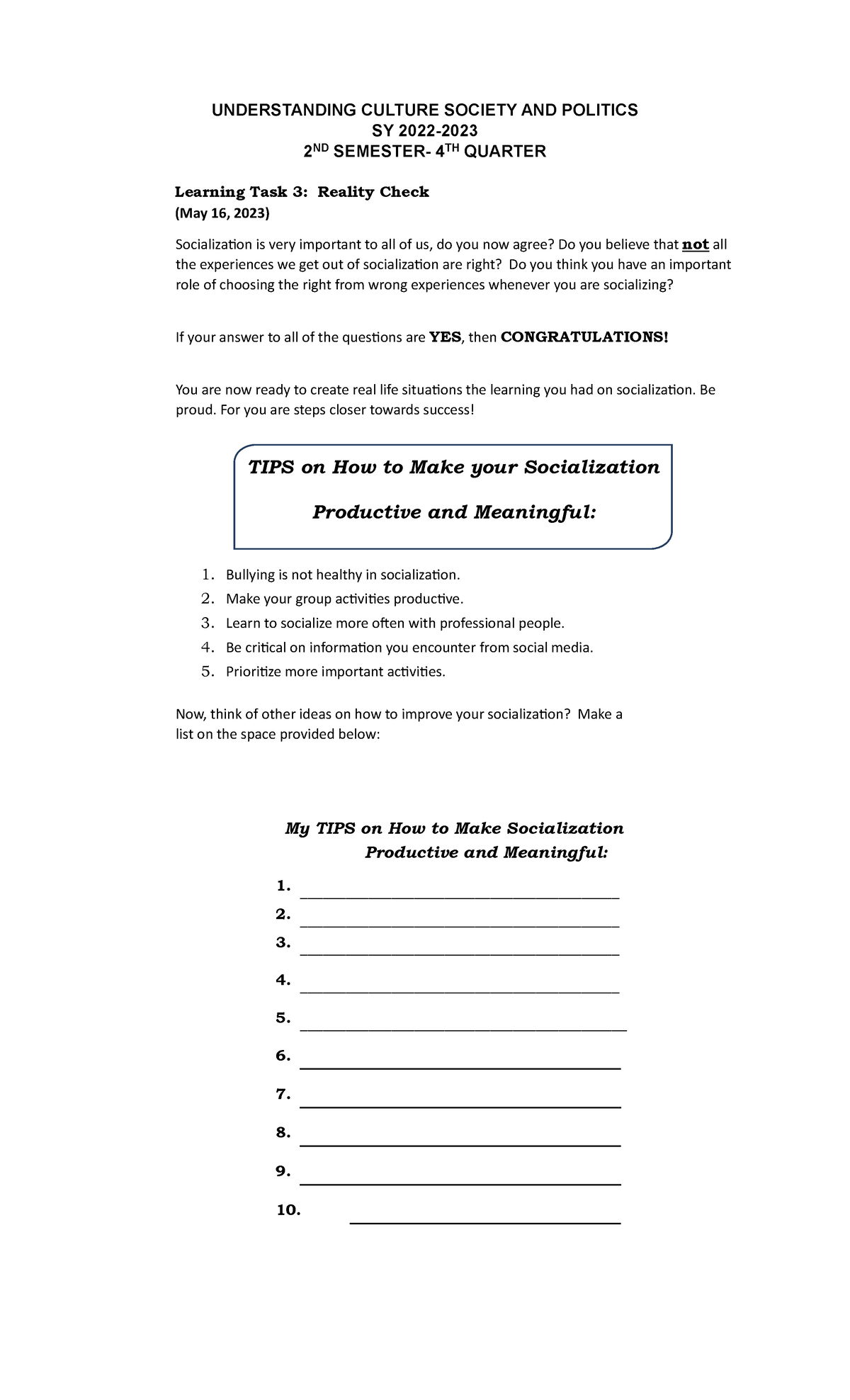 UCSP TASK-3 4THQ - UNDERSTANDING CULTURE SOCIETY AND POLITICS SY 2022 ...